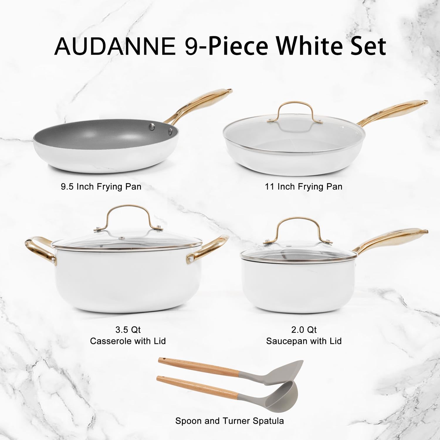 Nonstick Pots and Pans Set, Non Stick 9 Pieces Kitchen Cookware, Cooking Skillets Include Frying Pan with Lid, Saucepan, Casserole, Spoon, Turner Spatula, PFOA Free for Induction, White & Gold