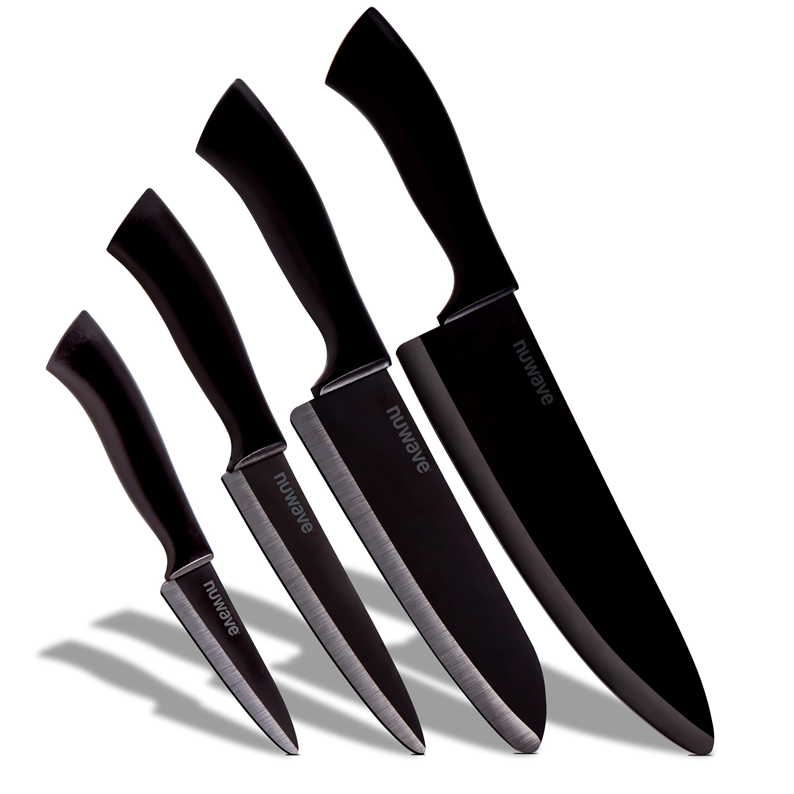 Nuwave 4-piece Black Ceramic Knife Set – Includes 3” Paring Knife, 5” Utility Knife, 6.5” Everyday Knife & 8” Chef’s Knife, Ideal Super Sharp Kitchen Knives, Rust-Proof, with Ergonomic Handles