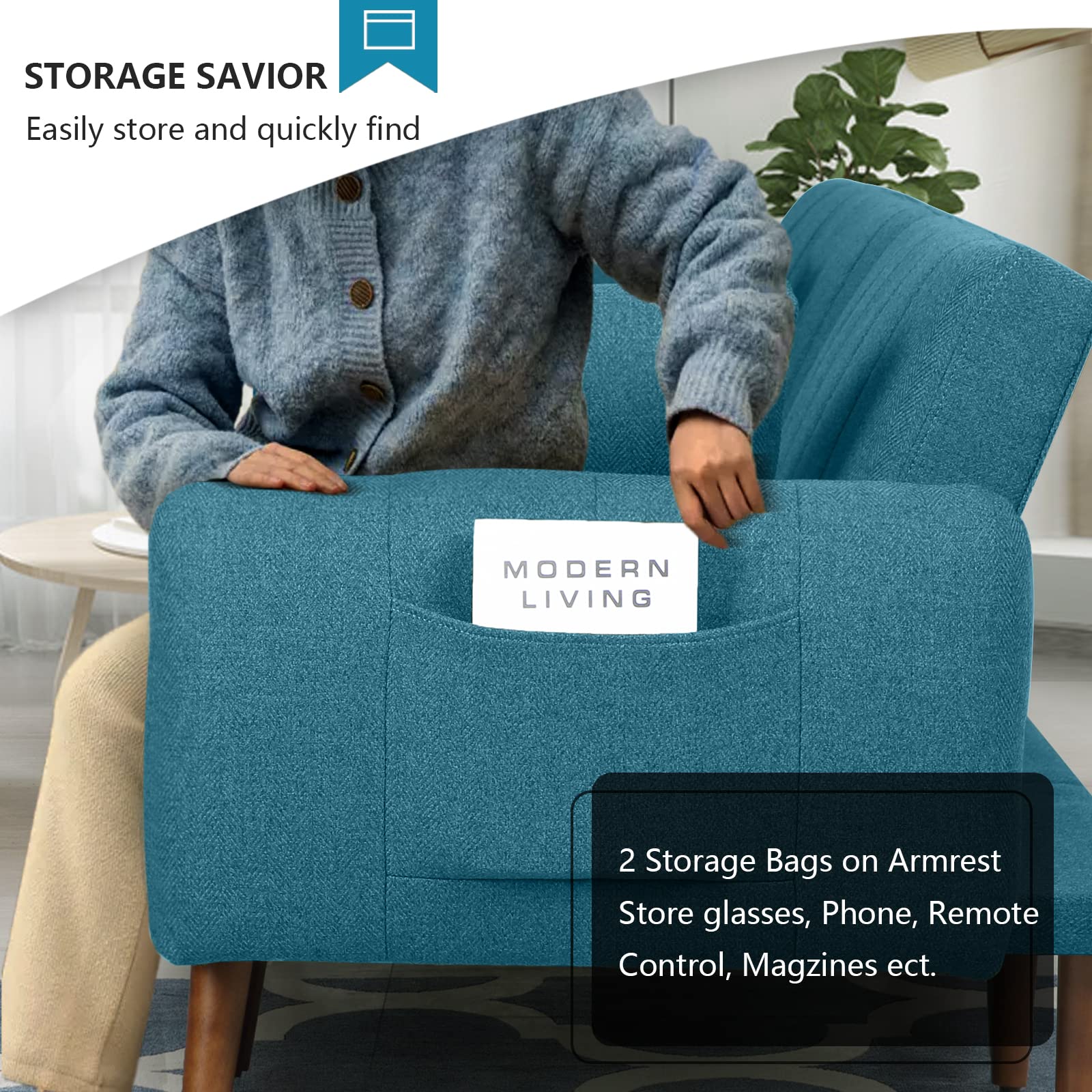 NOBLEMOOD Sleeper Sectional Sofa Bed for Living Room, L-Shaped Linen Fabric Couch Sofas with Reclining Backrest and Removable Ottoman (Blue)