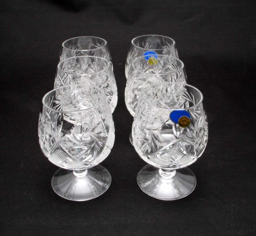 Set of 6 Russian Cut Crystal Cognac Brandy Whiskey Snifters Goblets, Handmade Glassware
