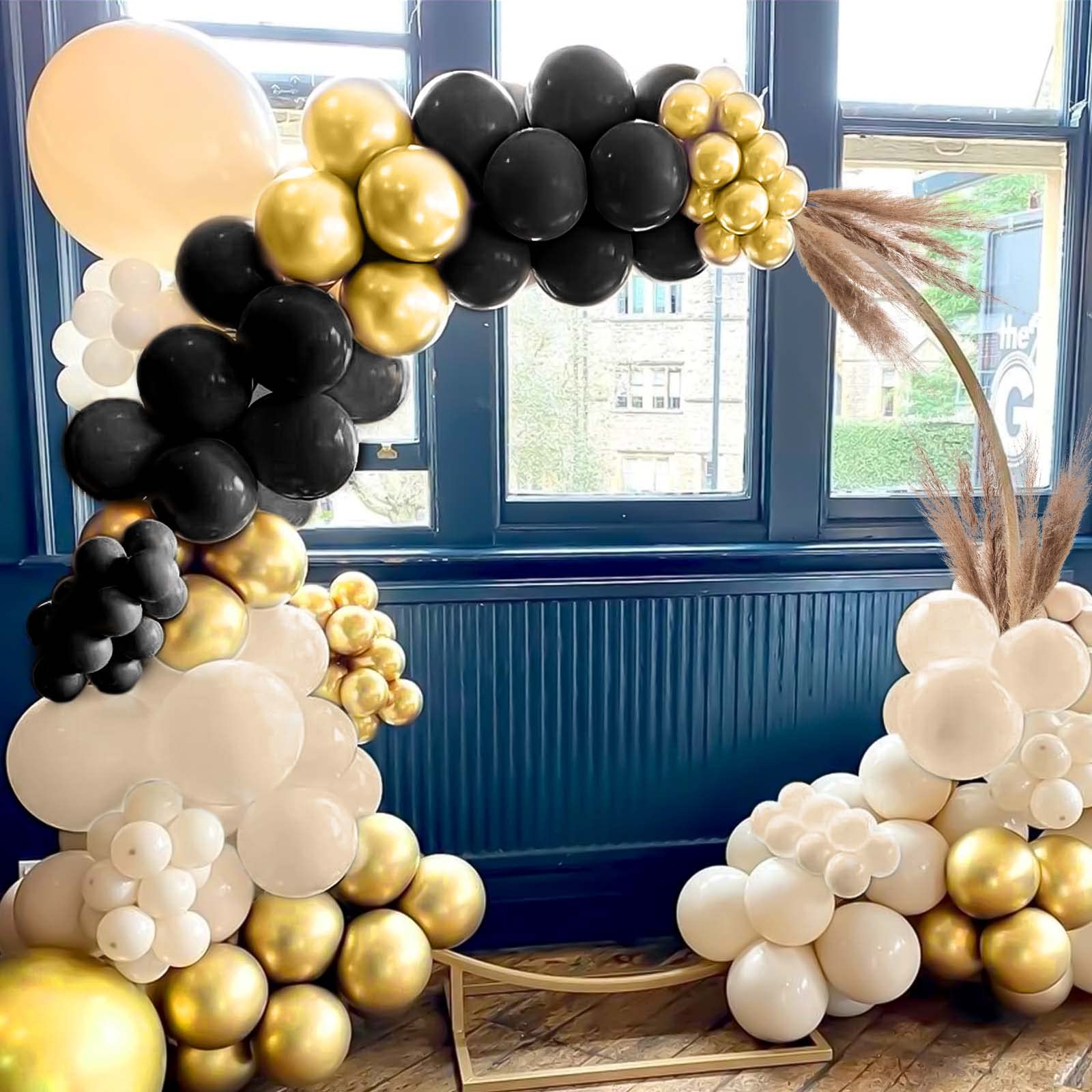 RUBFAC Black Gold Boho Balloon Garland Arch Kit, 142pcs Metallic Gold, Sand White and Black Balloon Arch Kit for Graduation, Birthday and Anniversary Party Decorations