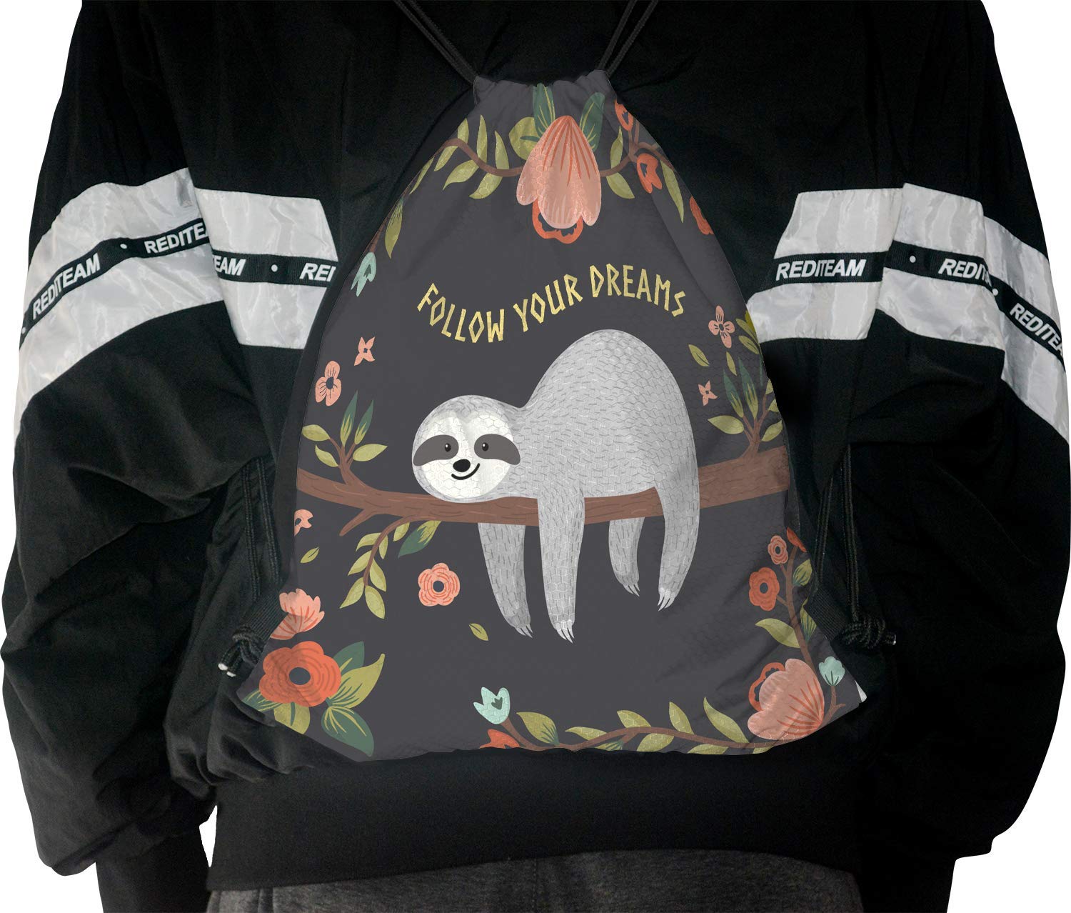 Sloth Drawstring Backpack Gym Bag for Women Men Black Lightweight Waterproof Cinch Sack for Travel Yoga Beach School