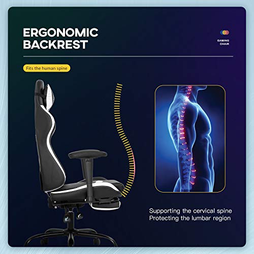PC Gaming Chair Ergonomic Office Chair Racing Computer Chair with Lumbar Support Headrest 2D Armrest Footrest Task Rolling Swivel Ergonomic E-Sports Adjustable Desk Chair for Men Gamer(White)