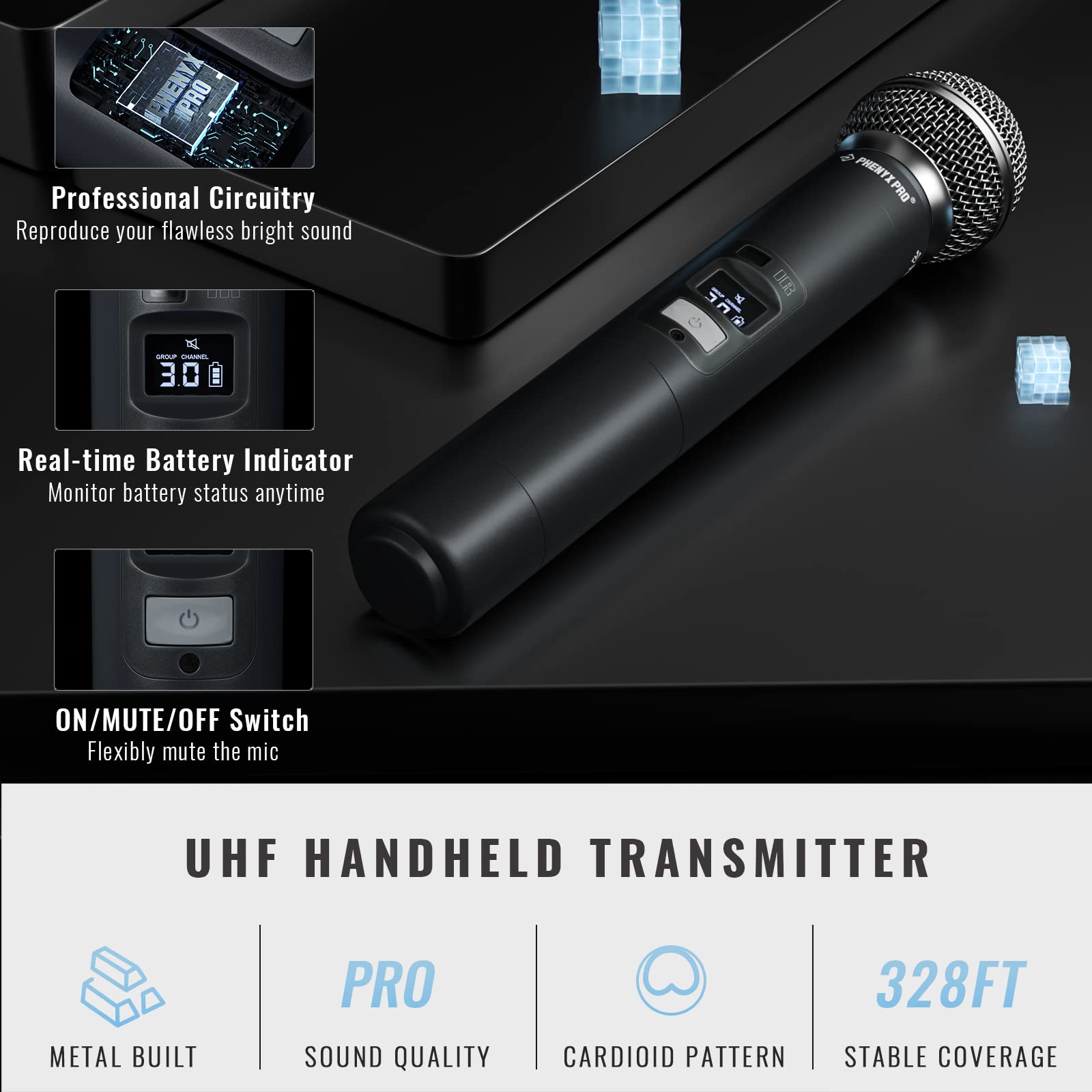Phenyx Pro Wireless Microphone System Dual Wireless Mics,w/ 2 Handheld Dynamic Microphones, 2x100 Adjustable UHF Channels, Auto Scan,328ft Range,Microphone for Singing, Karaoke, Church(PTU-71-2H)
