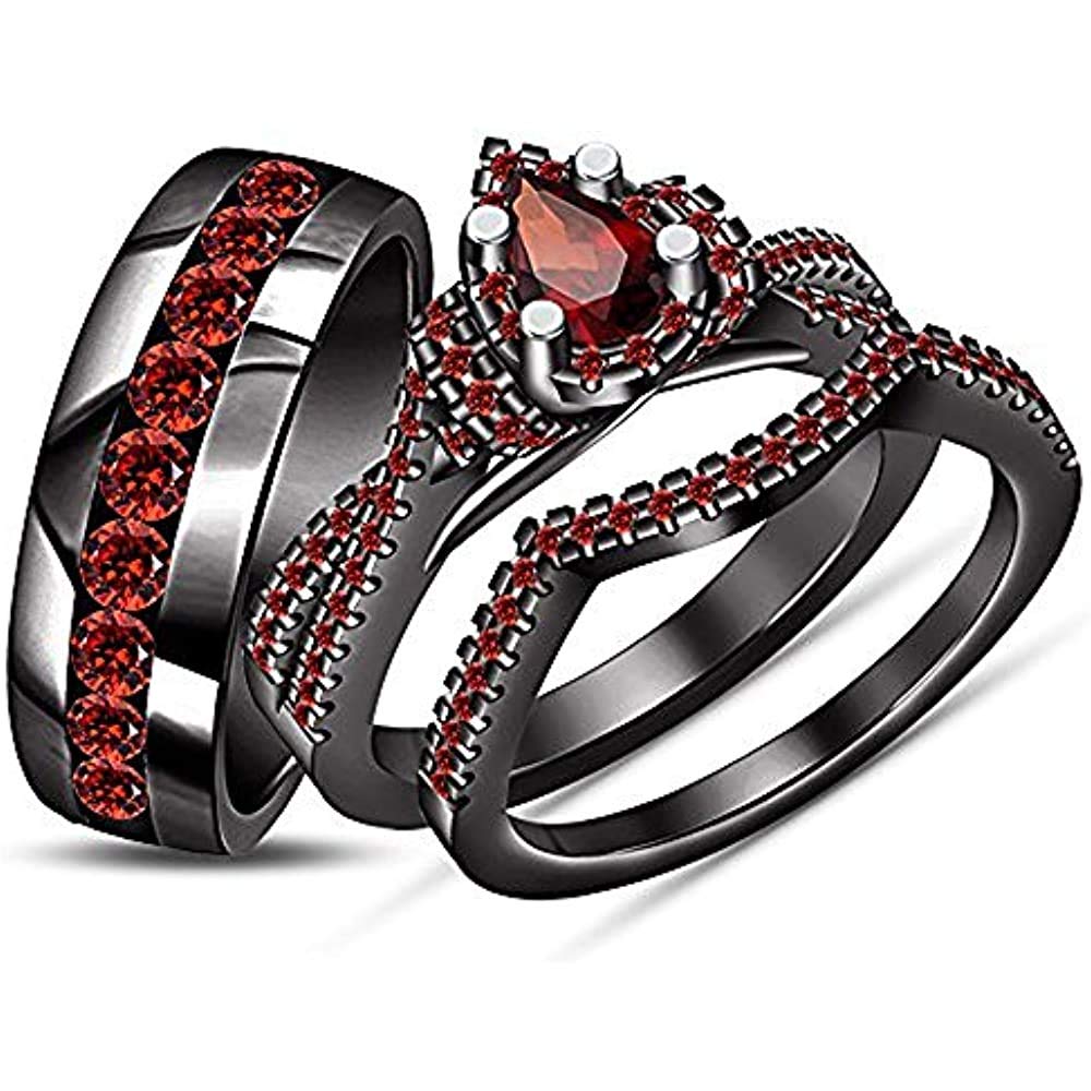 Pear Cut Created Red Garnet 14K Black Gold Plated 925 sterling Sliver 3 Piecs Engagement Wedding Trio Ring Set For His & Her