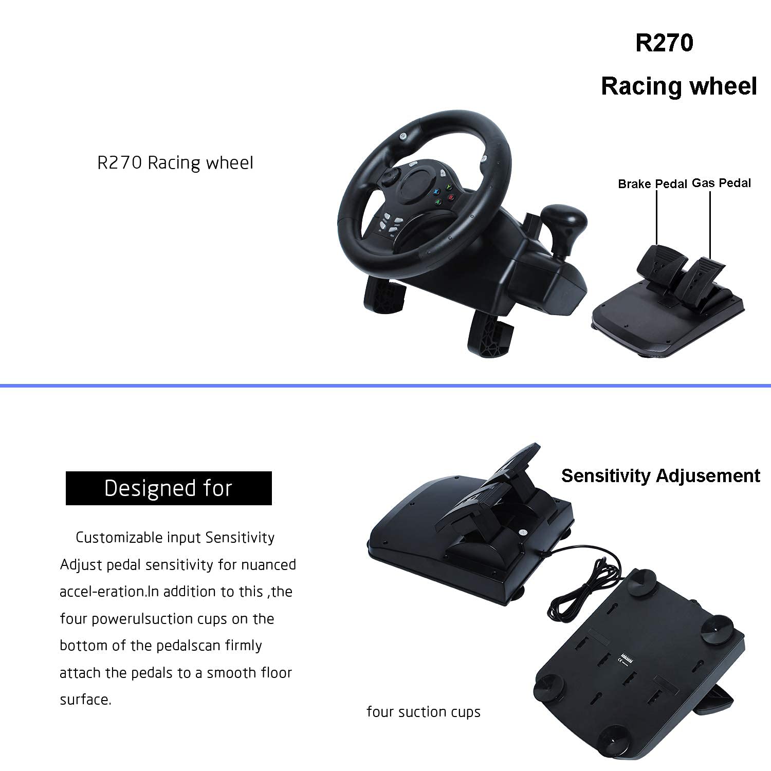 R270 Degree Gaming Racing Steering Wheel w/ Pedals for compatible with XBOX ONE XBOX 360 PC Driving Force Steering Wheel PS3 PS4