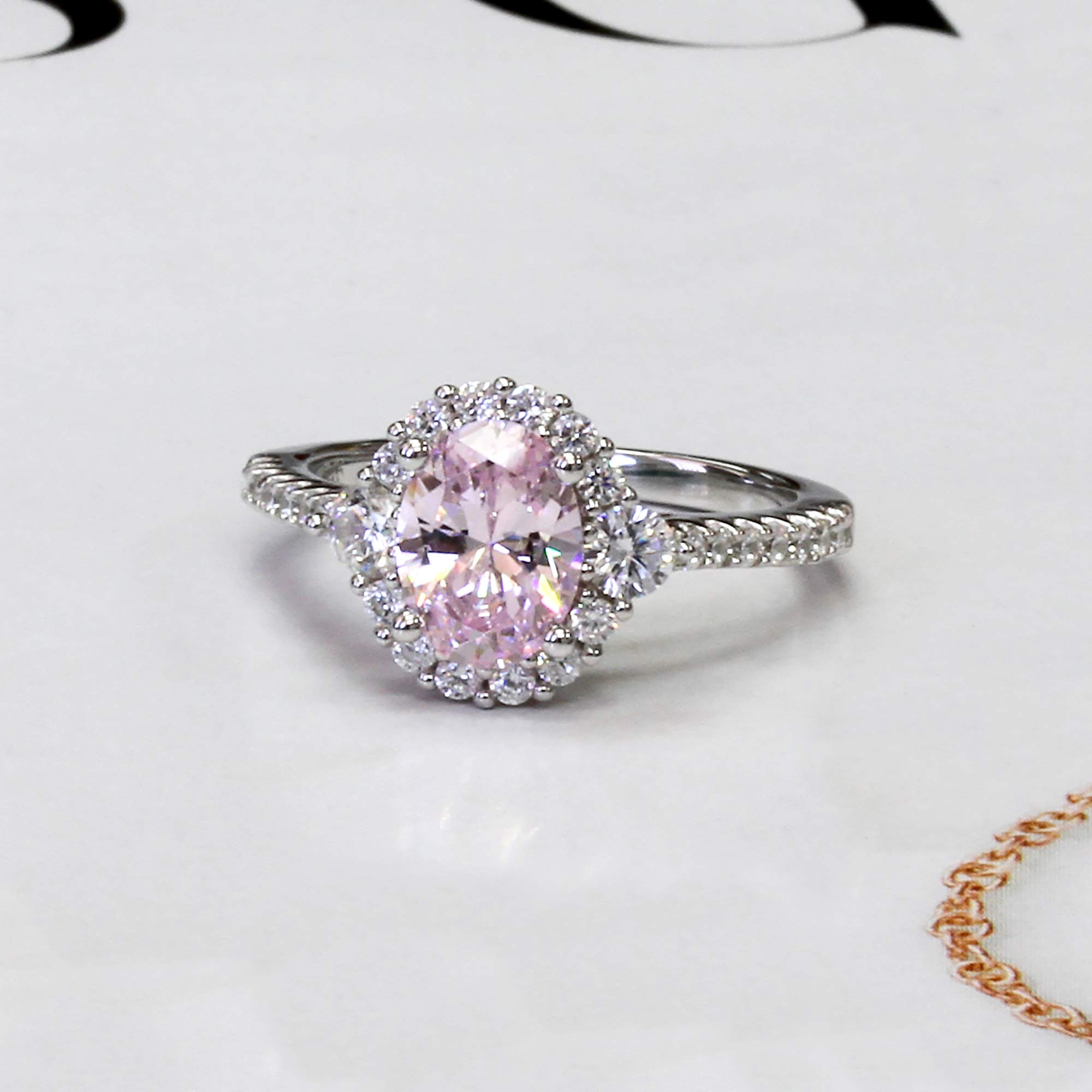 Platinum Plated Sterling Silver Ring 1.2 CT Oval Super Light Pink CZ Stone Halo Ladies Cocktail Ring (Size 5 to 9), 7