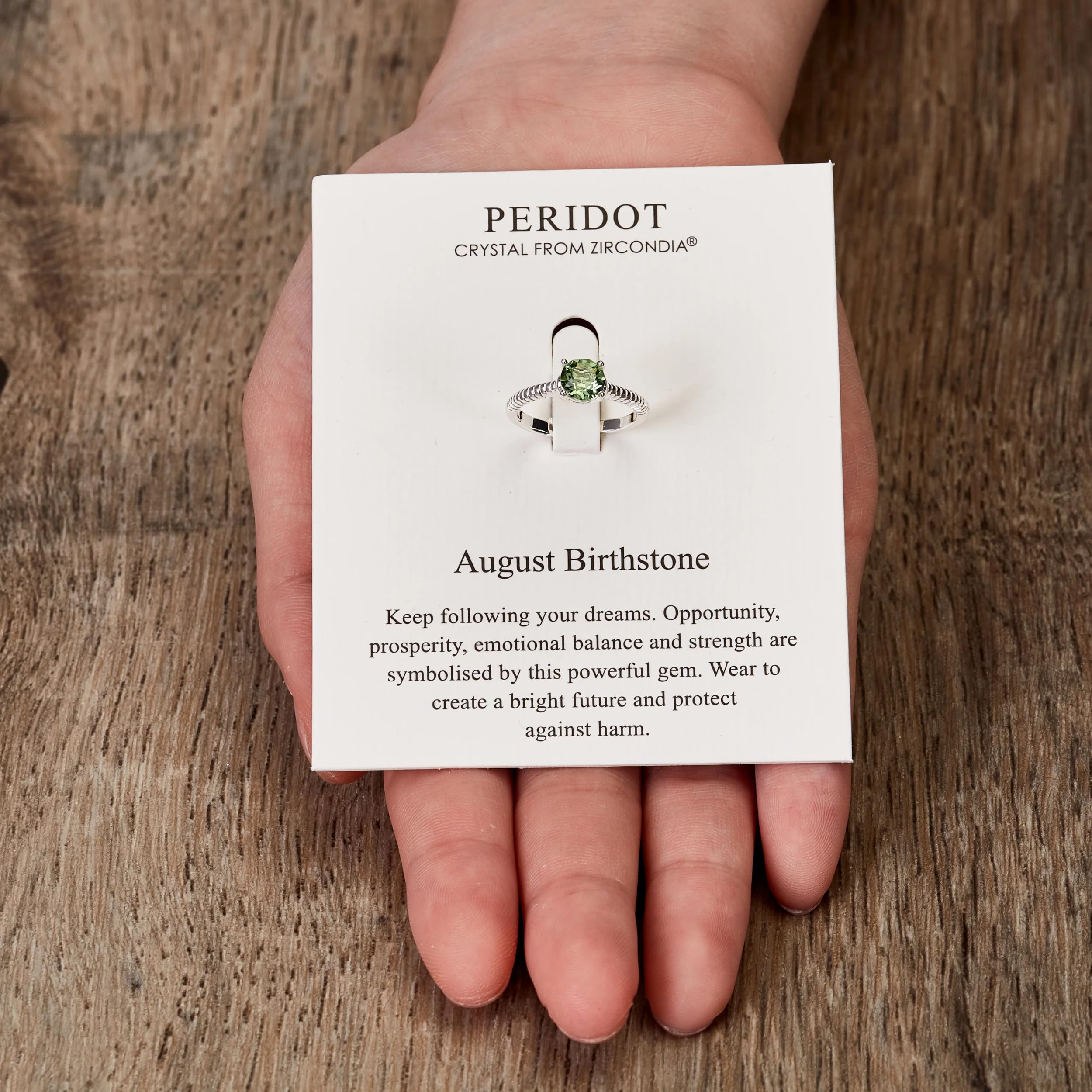 Philip Jones August (Peridot) Adjustable Birthstone Ring Created with Zircondia® Crystals