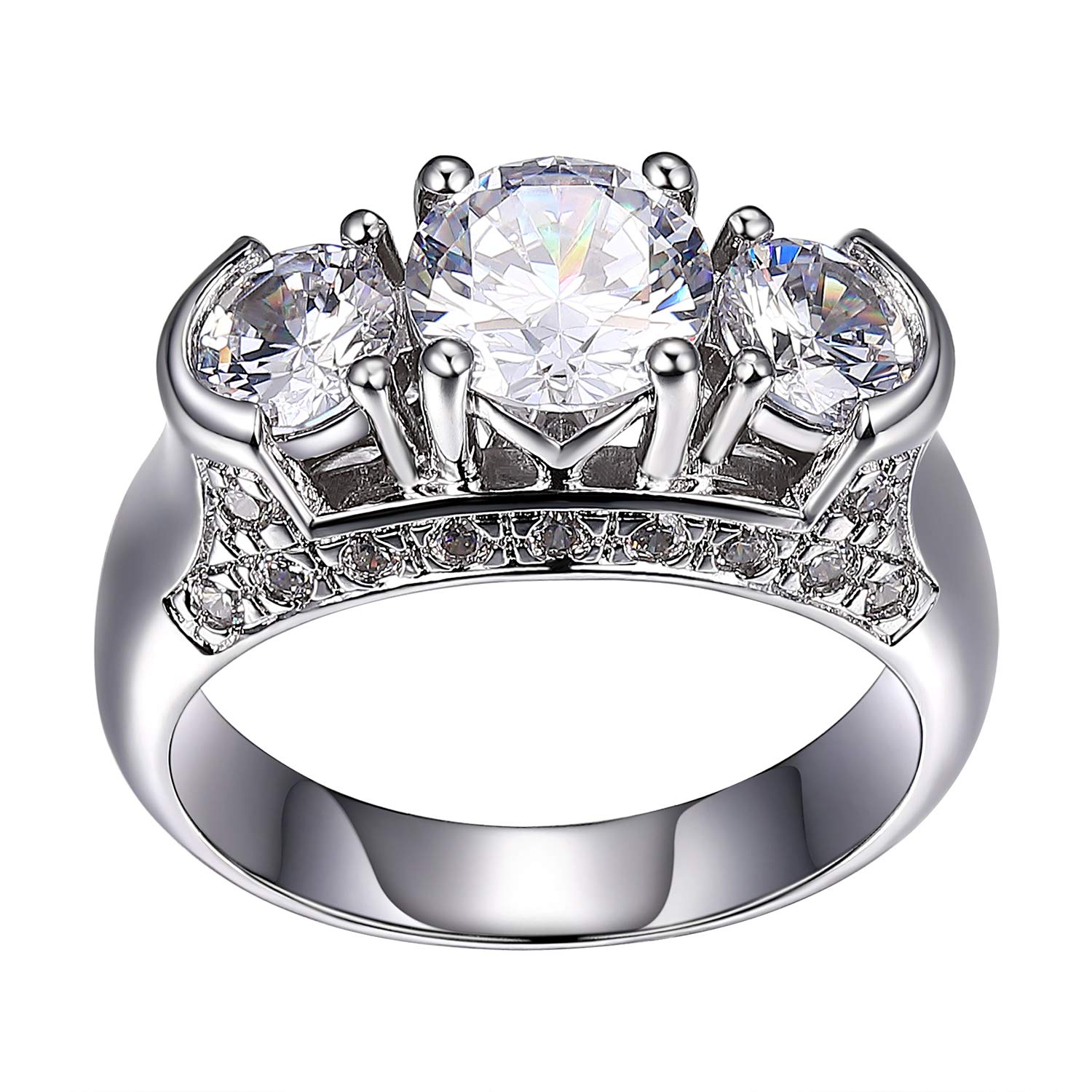 Platinum Plated .925 Sterling Silver 7mm Cubic Zirconia Three-Stone Semi Bezel-Set Ring, Size 7