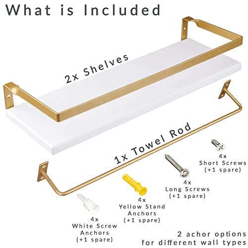 Peter's Goods Modern Floating Shelves with Rail, Modern Brass Finish, Set of 2 Shelves - Wall Mounted Bathroom Wall Shelves with Towel Bar - Also Perfect for Bedroom Decor and Kitchen Storage