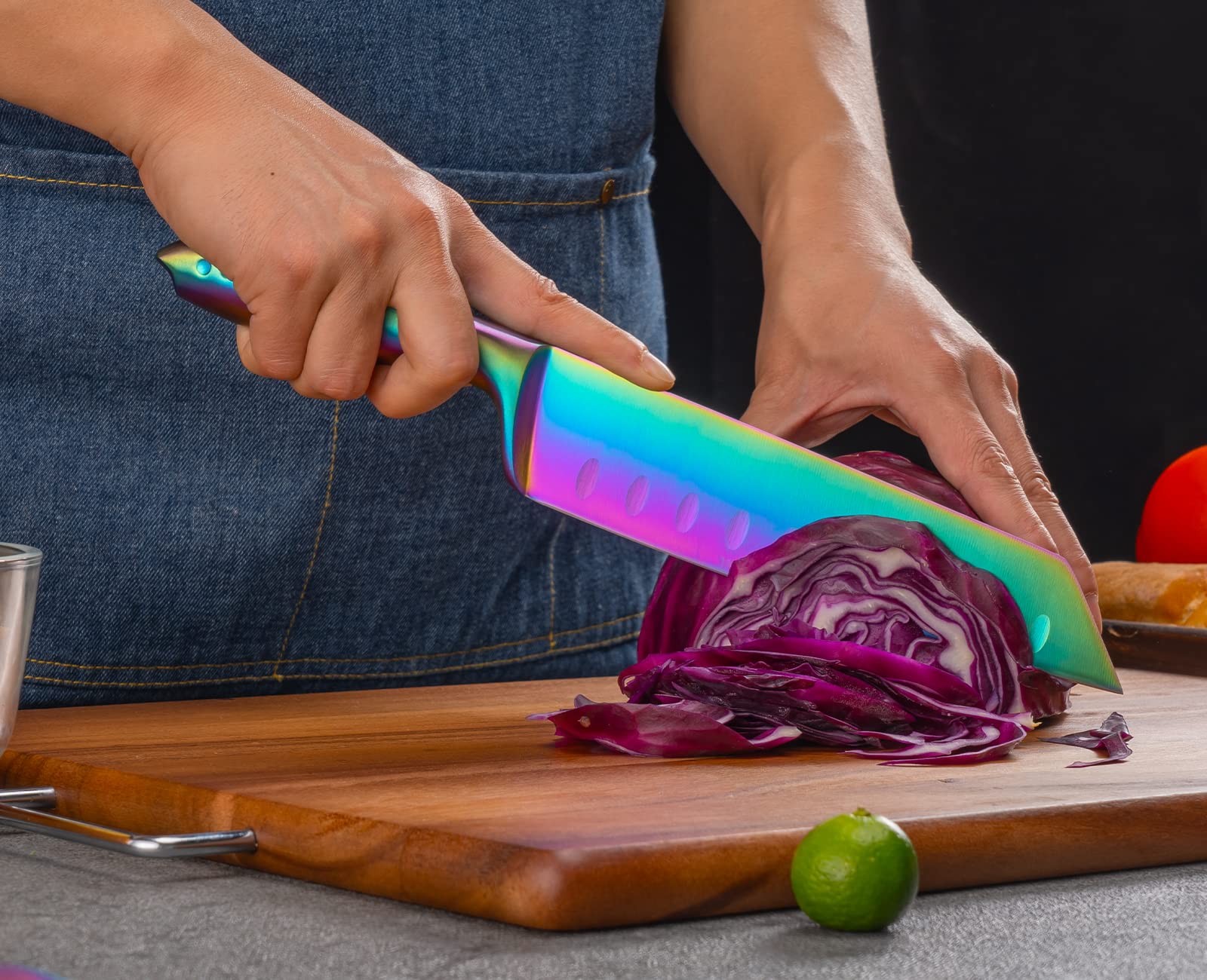 WELLSTAR Kiritsuke Chef Knife 8 Inch, Razor Sharp German Steel Blade and Comfortable Handle with Rainbow Titanium Coated for Kitchen Food Cutting Slicing Dicing, Asian Vegetable Meat Cooking Knife