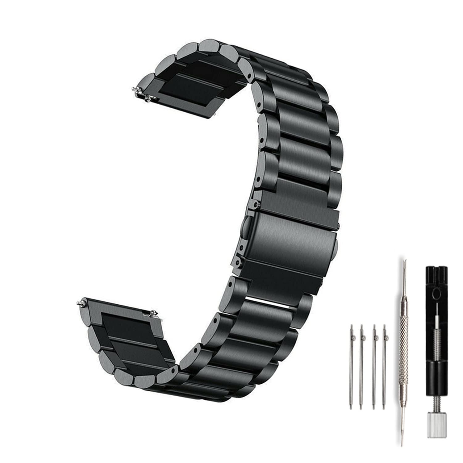 Moran Stainless Steel Watch Band Quick Release Replacement Metal Strap 20mm 22mm for Men Women (Black+Folding Clasp, 20mm)