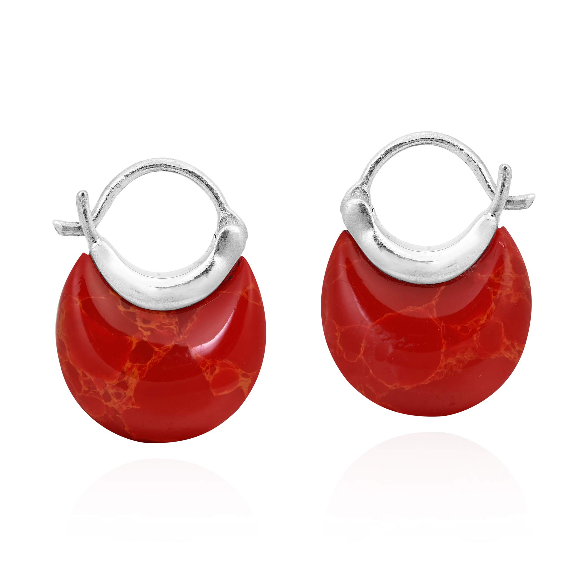 Trendy Reconstructed Red Coral Disc on .925 Sterling Silver Huggie Hoop Earrings