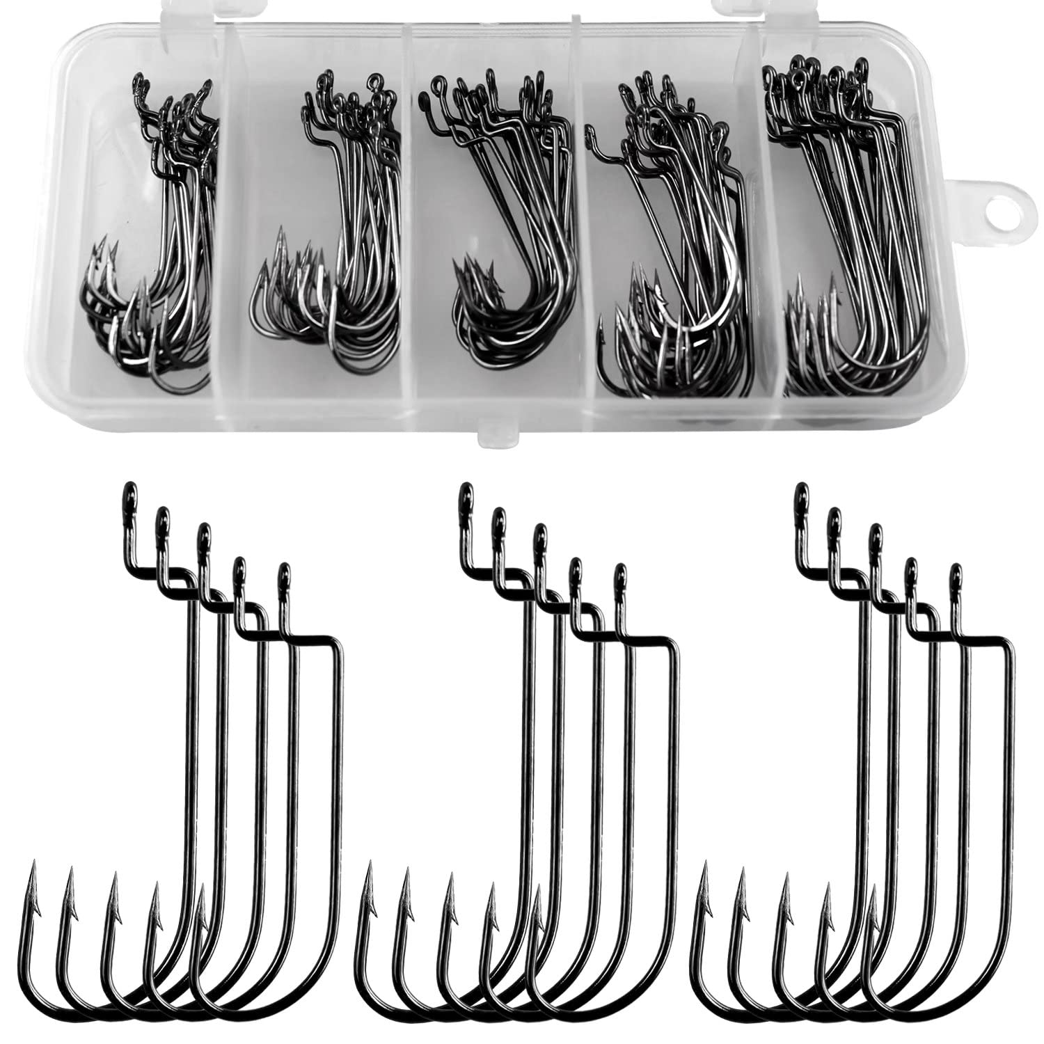 THKFISH 50pcs/Box Fishing Offset Worm Hooks EWG-Offset Fishing Hooks Round Bend Offset Worm Hooks Wide Gap Hooks with Barbed Shank #2#1 1/0 2/0 3/0-Offset Wide Gap Hooks