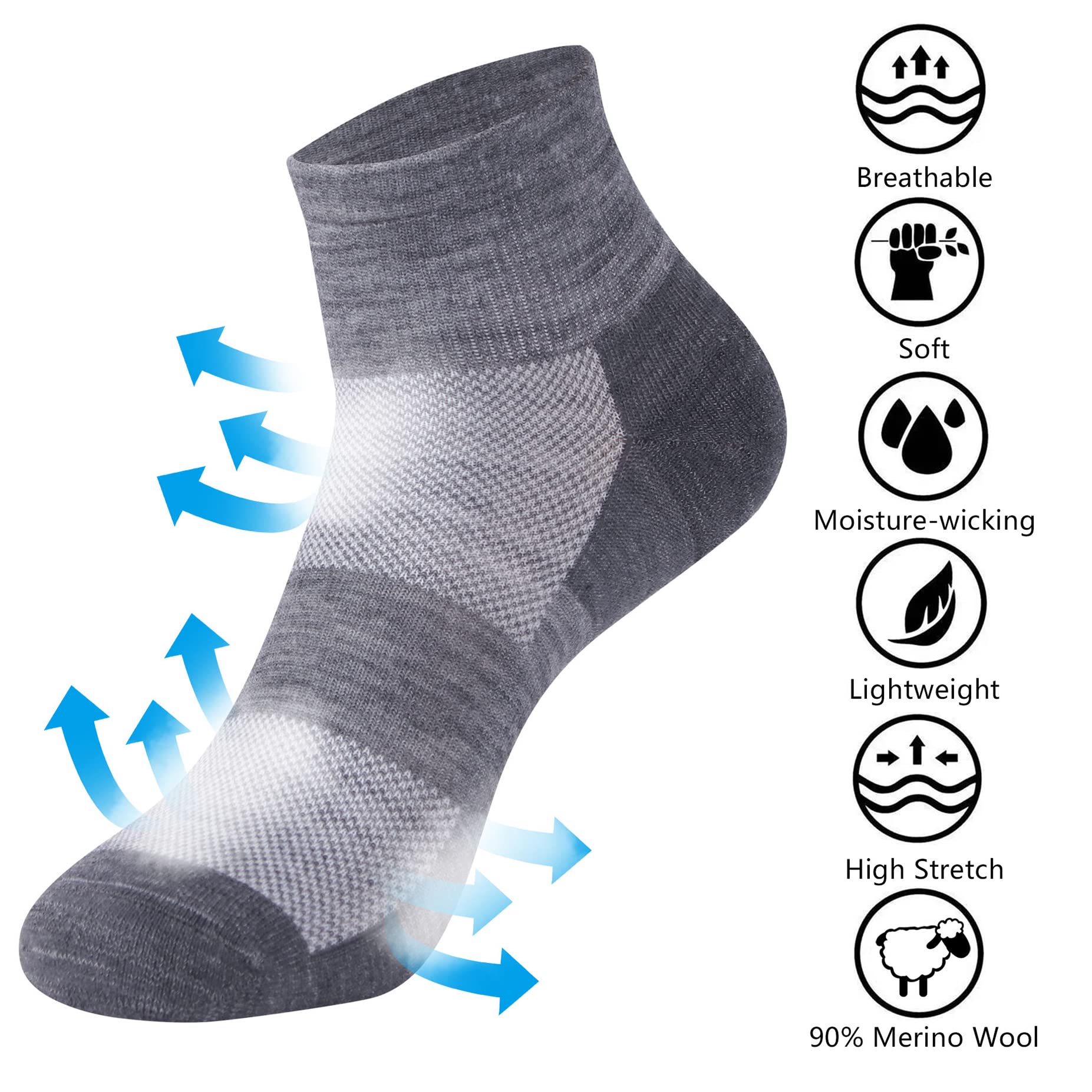 RTZAT 90% Merino Wool Ankle Men's Women's Athletic Business Casual Running Moisture Wicking Everyday Thin Wool Socks, Small, Ash Grey, 3 Pairs