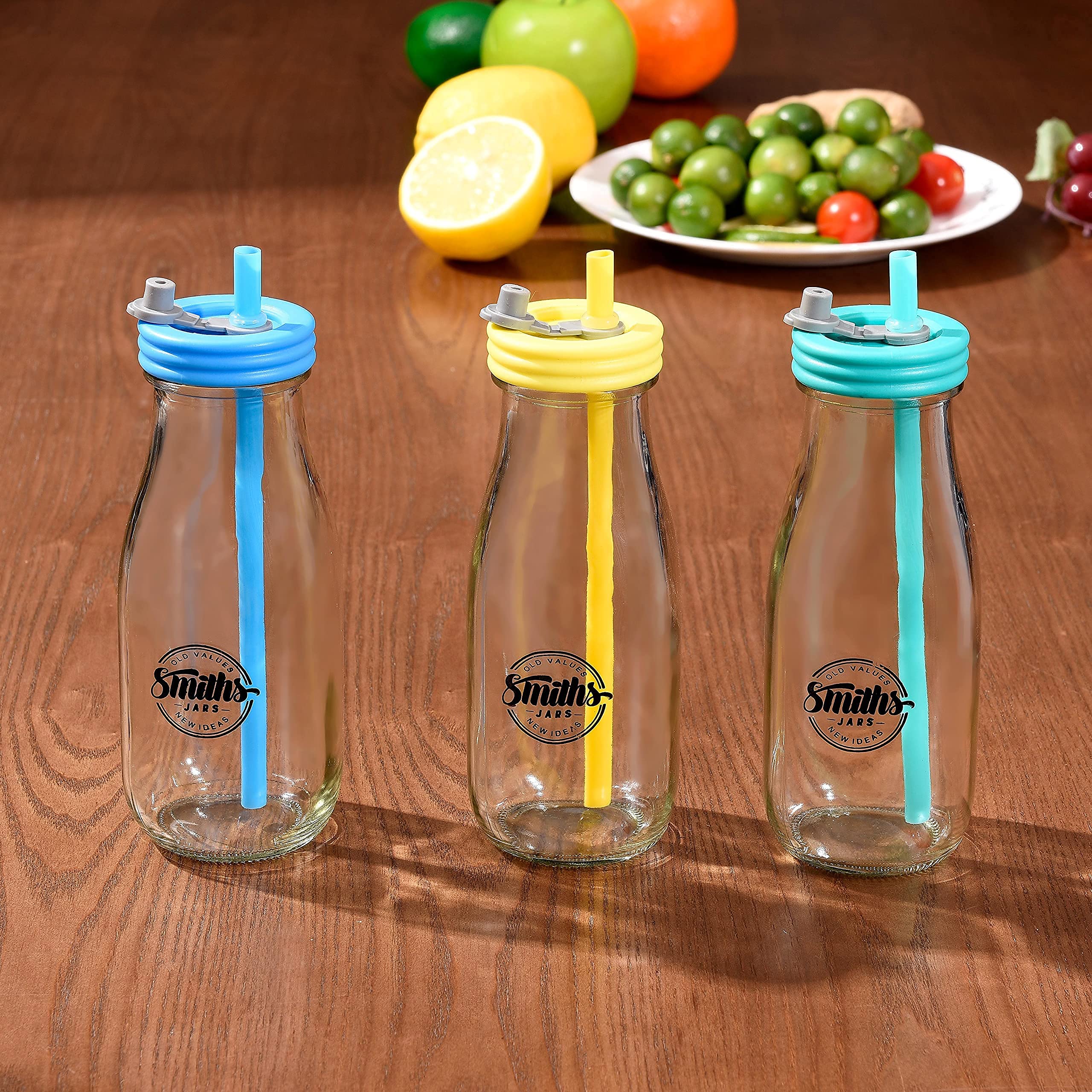Smiths Mason Jars Set of 9 Mini Glass Milk Bottles 300ml Splash Proof Lids and Reusable Drinking Straws for Kids | General Use Kids Home