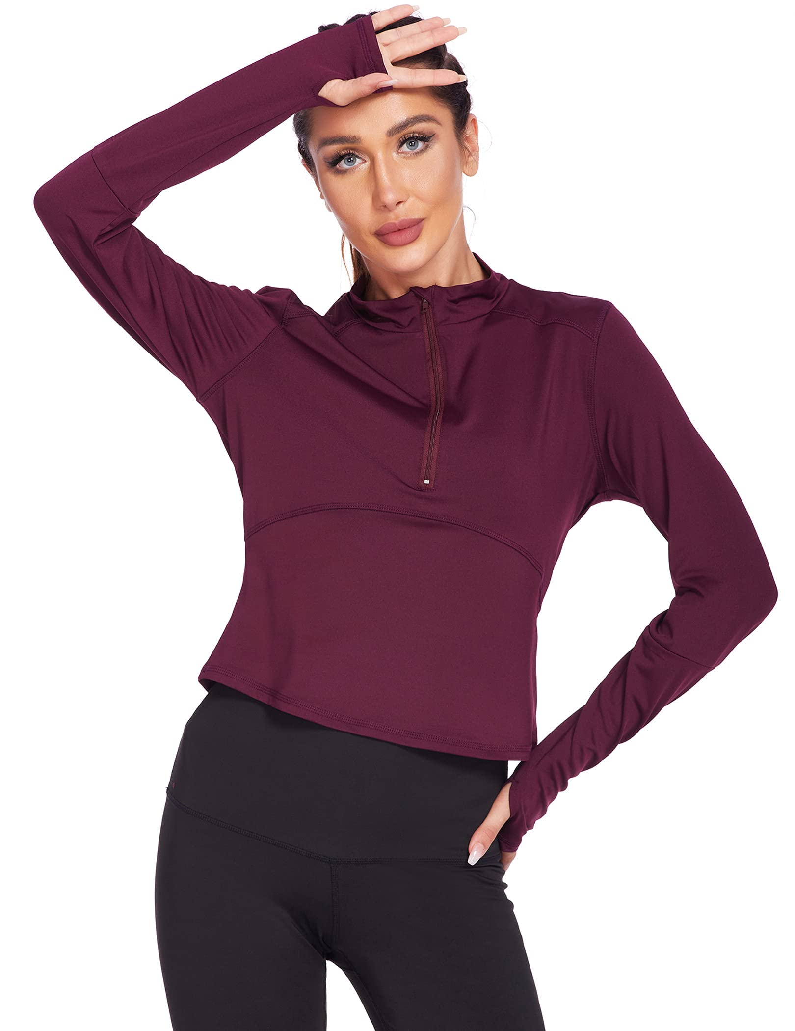 PINSPARK Womens Long Sleeve Sweatshirt Cropped Half Zip Pullover Athletic Hiking Running Workout Top with Thumbholes Wine Red XL