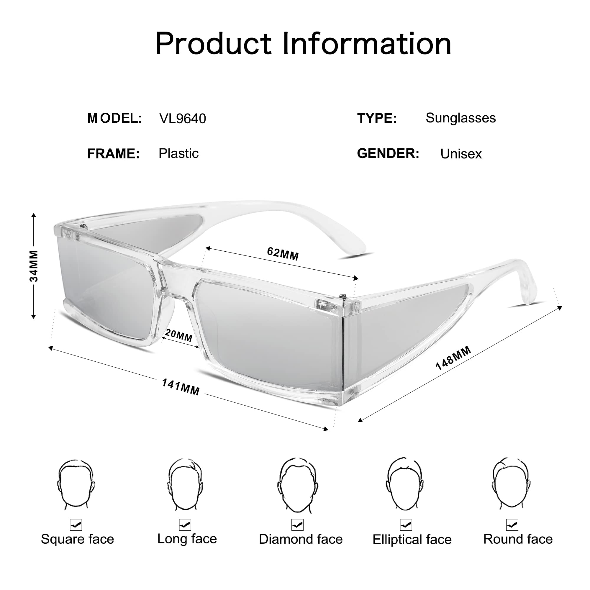 VANLINKER Cool Rectangle Sunglasses for Women Men Cyber Y2K Shield Flat Top Futuristic Sun Glasses Trendy Side Lens Shades Silver Mirrored VL9640