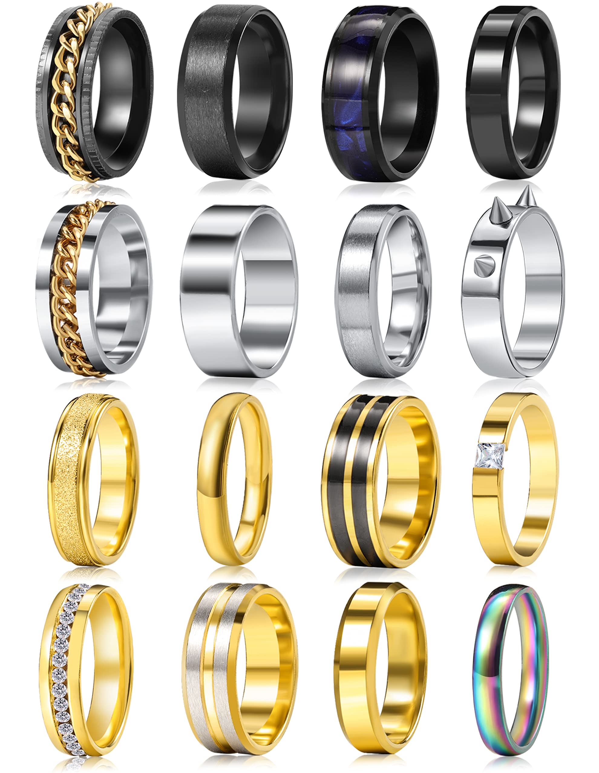 Simple Stainless Steel Band Rings for Women Men Size 7, Cool Silver Men's Ring Pack, Plain Black Wedding Pormise Band Ring Set Size 7