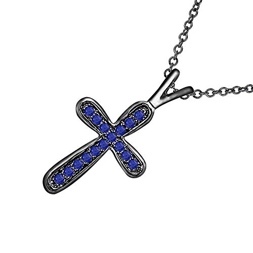 RUDRAFASHION Round Cut 14k Black Gold Plated Blue Sapphire Unique Cross Pendant for Womens