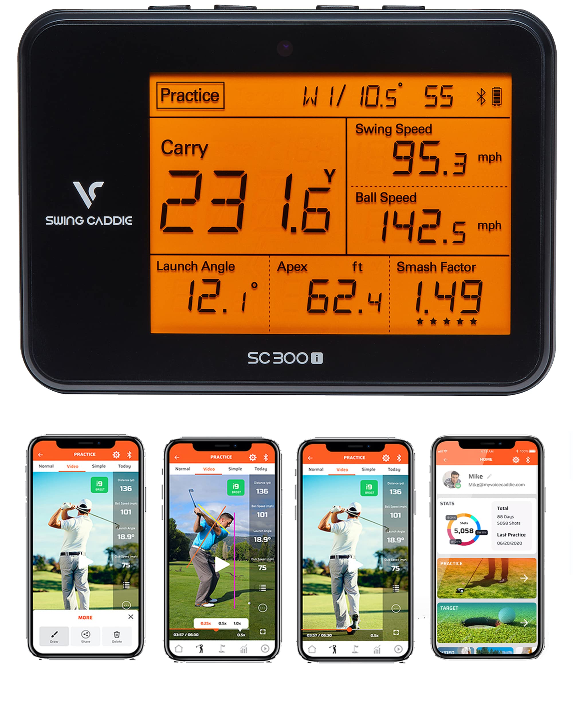 PlayBetter Swing Caddie SC300i Portable Golf Launch Monitor - Accurate Carry/Total Distance, Smash Factor, Ball Speed - Doppler Shot Tracker - Bundle with Protective Case Portable Charger