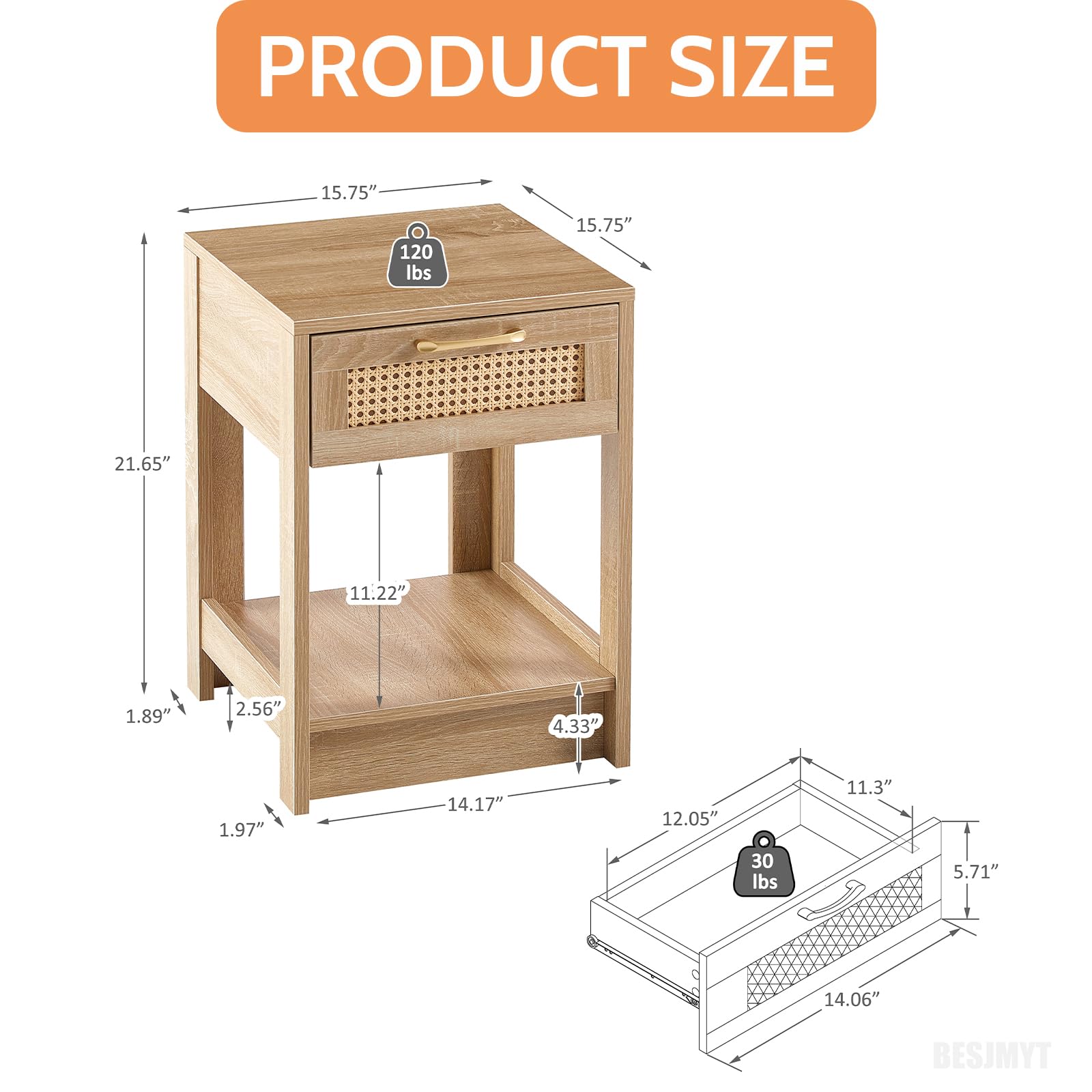 Nightstand with 1 Drawer, Modern Rattan End Table with Drawer and Solid Wood Legs,Side Table with 1 Open Storage Space for Living Room Bedroom, Natural