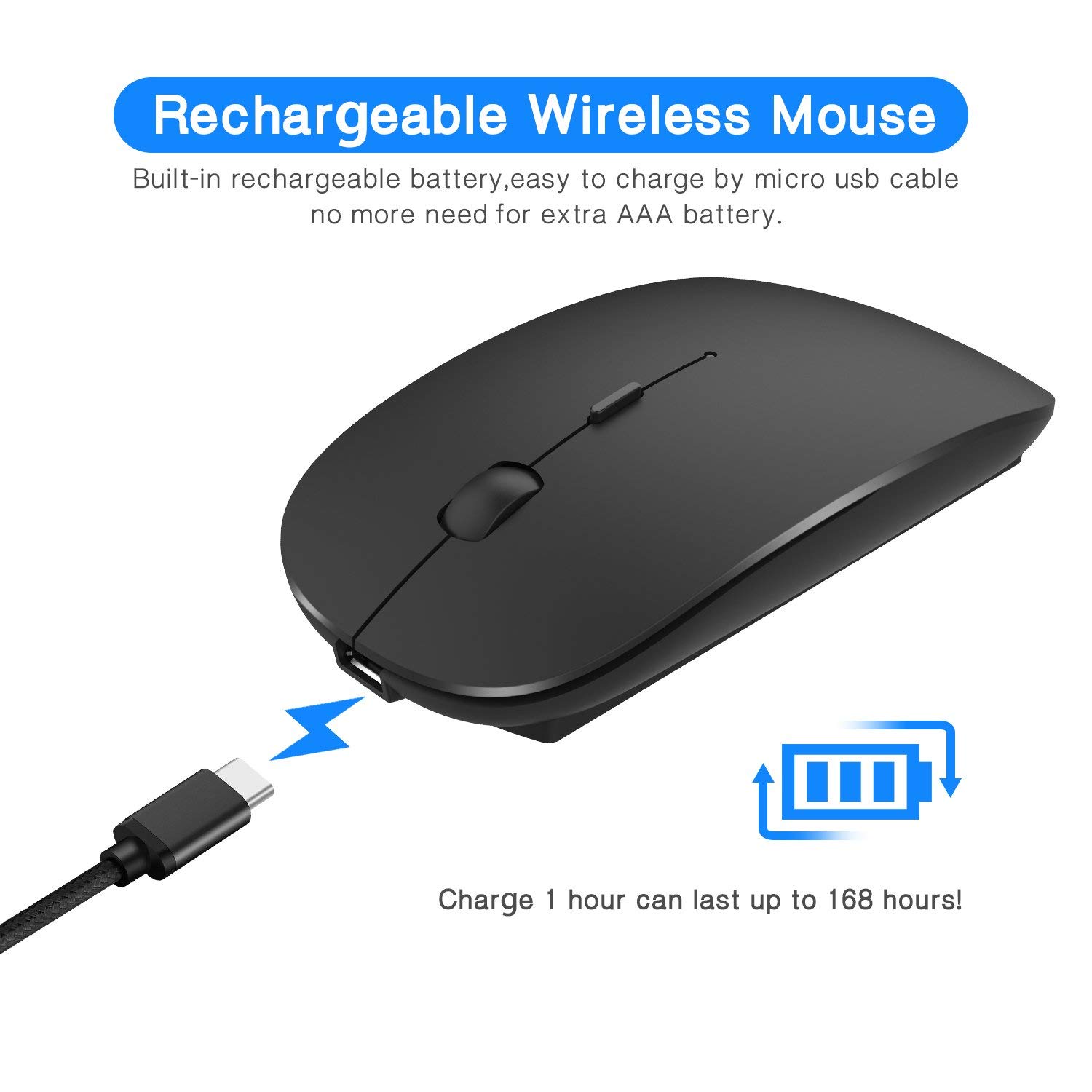 QIJIAYI 2.4GHz Wireless Bluetooth Mouse, Dual Mode Slim Rechargeable Wireless Mouse Silent USB Mice, 3 Adjustable DPI,Compatible for Laptop Windows MacBook Android MAC PC Computer (Black)