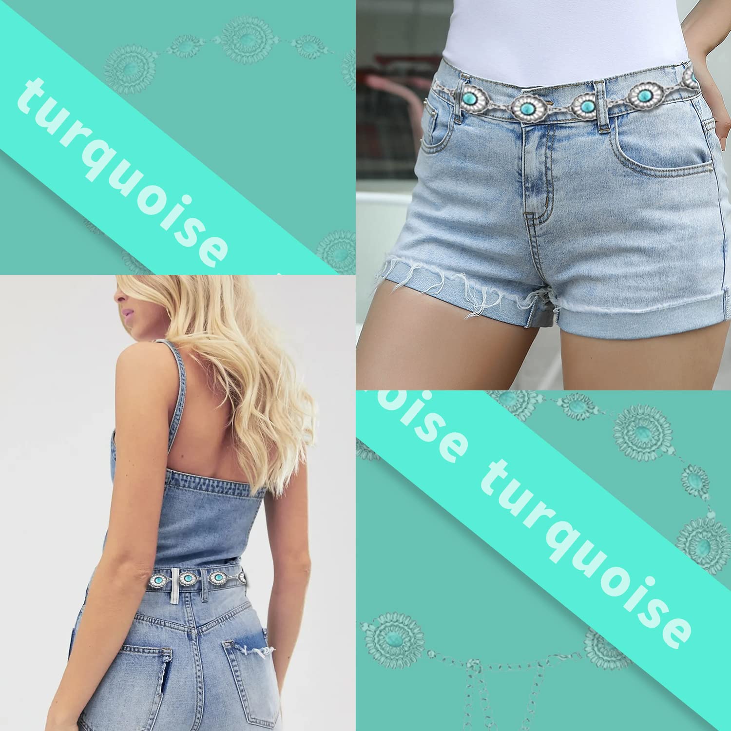 SZWSIUD Western Turquoise Concho Chain Belt for Women Adjustable Metal Waist Belts for Jeans Dresses -2 Pieces