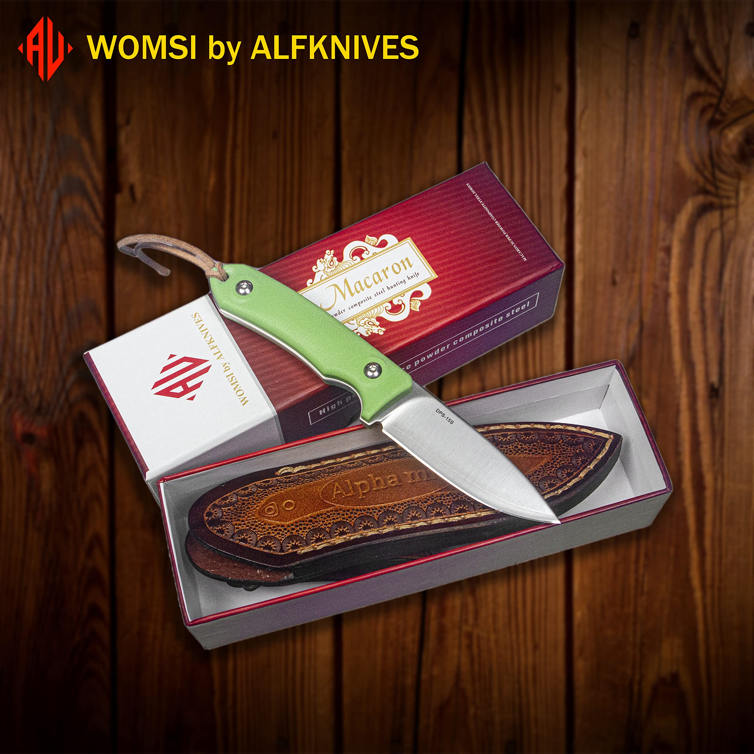 WOMSI Hunting Knife,Full Tang 6.57",DPS15-S Power Steel Blade,Sonorous&durable G10 Handle with Leather Sheath(Green)