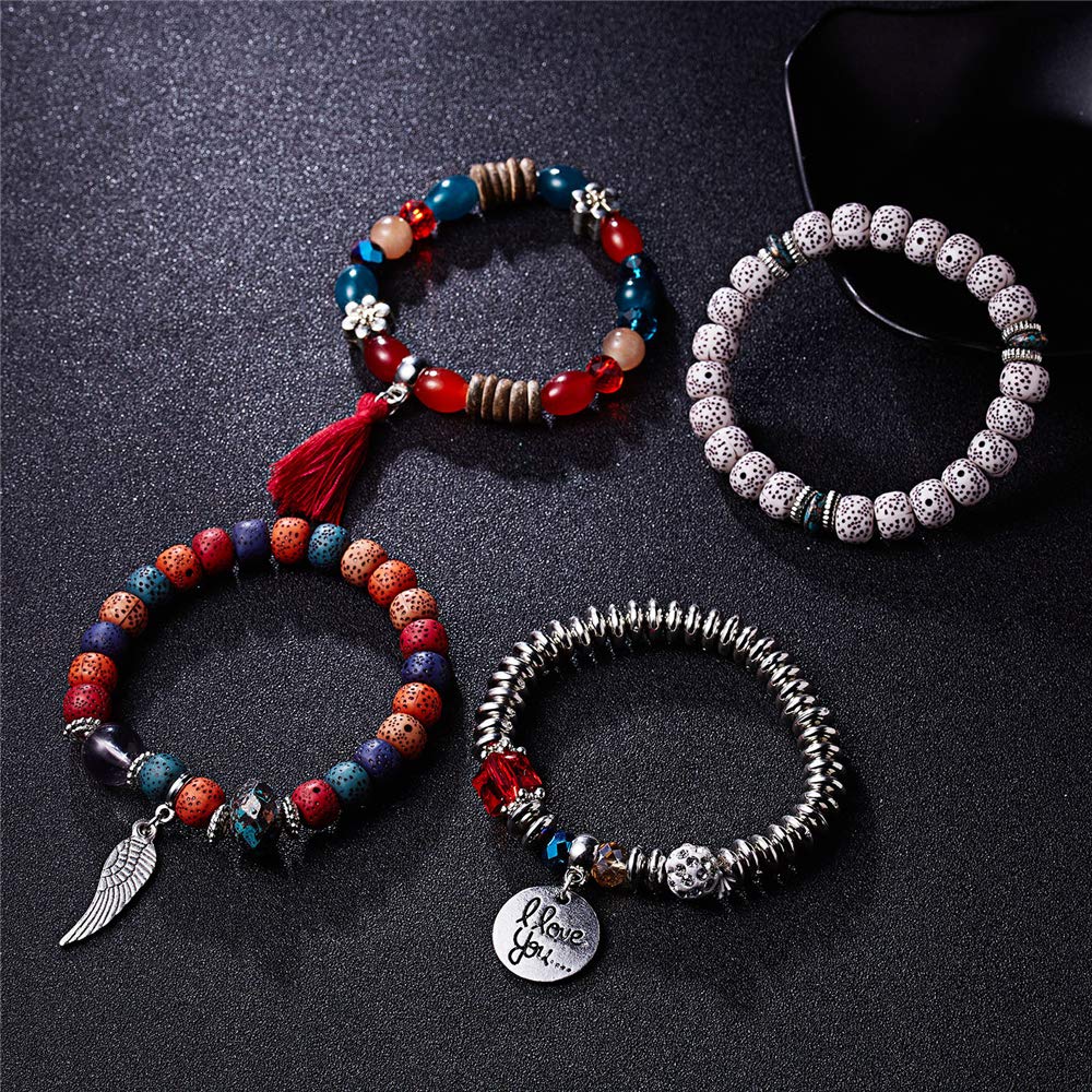SMALLLOVE Bohemian Bracelets Set for Women Multilayer Stretch Stackable Wing Tassel Love Charm Crystal Beaded Beach Boho Natural Stone (Black)