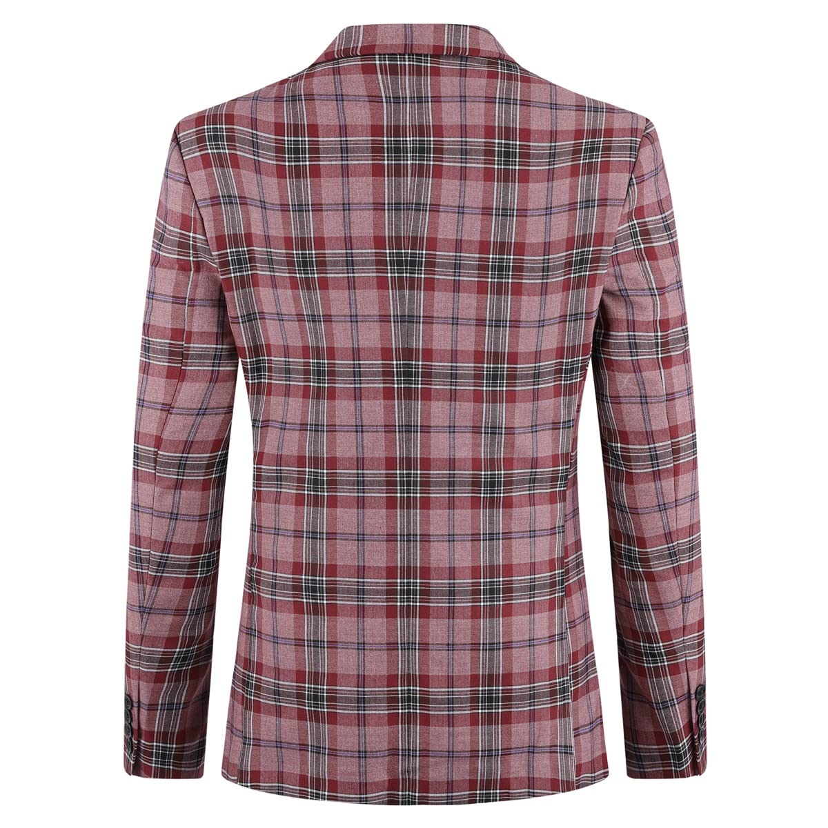 Men's Plaid Modern Fit 3-Piece Suit Blazer Jacket Tux Vest & Trousers Wine Red