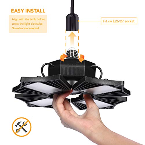 RUN STAR LED Garage Lights 75W,6000 lumens LED Garage Ceiling Light, CRI 80, 6000K Daylight with 4 Adjustable Panels, E26/E27, Shop Light for Garage, Barn, Workshop,Warehouse (Black(1 Pack))