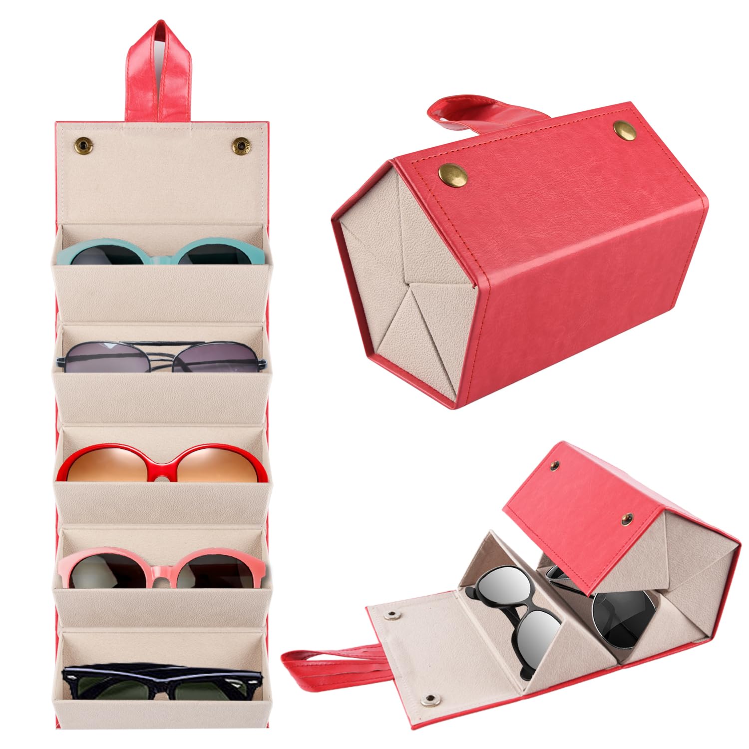 SZYMWS Sunglasses Case Organizer 5 Slot Travel Glasses Case Multiple Sunglasses Holder Organizer Eyeglasses Storage Box (Red+Grey)