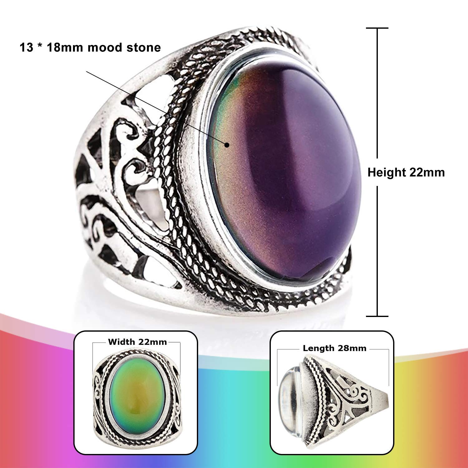 MY MOJOYAS Handmade Sterling Silver Plated Mood Ring with Unique Antique Pattern and Color-Changing Oval Stone for Men and Women Size 9