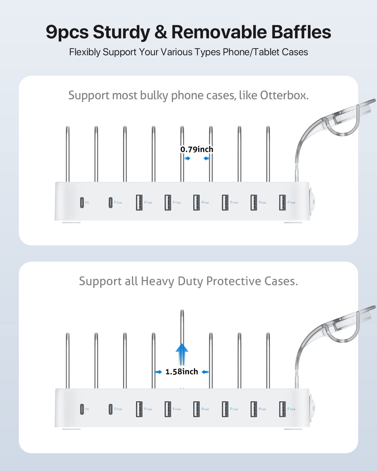 SooPii 8-Port USB-C Charging Station for Multiple Devices, with 1 PD 20W Port Supports Fast Charging, 8pcs Mixed Charging Cables and 1pcs Upgraded Holder for lWatch Charger & Air-Pods, White