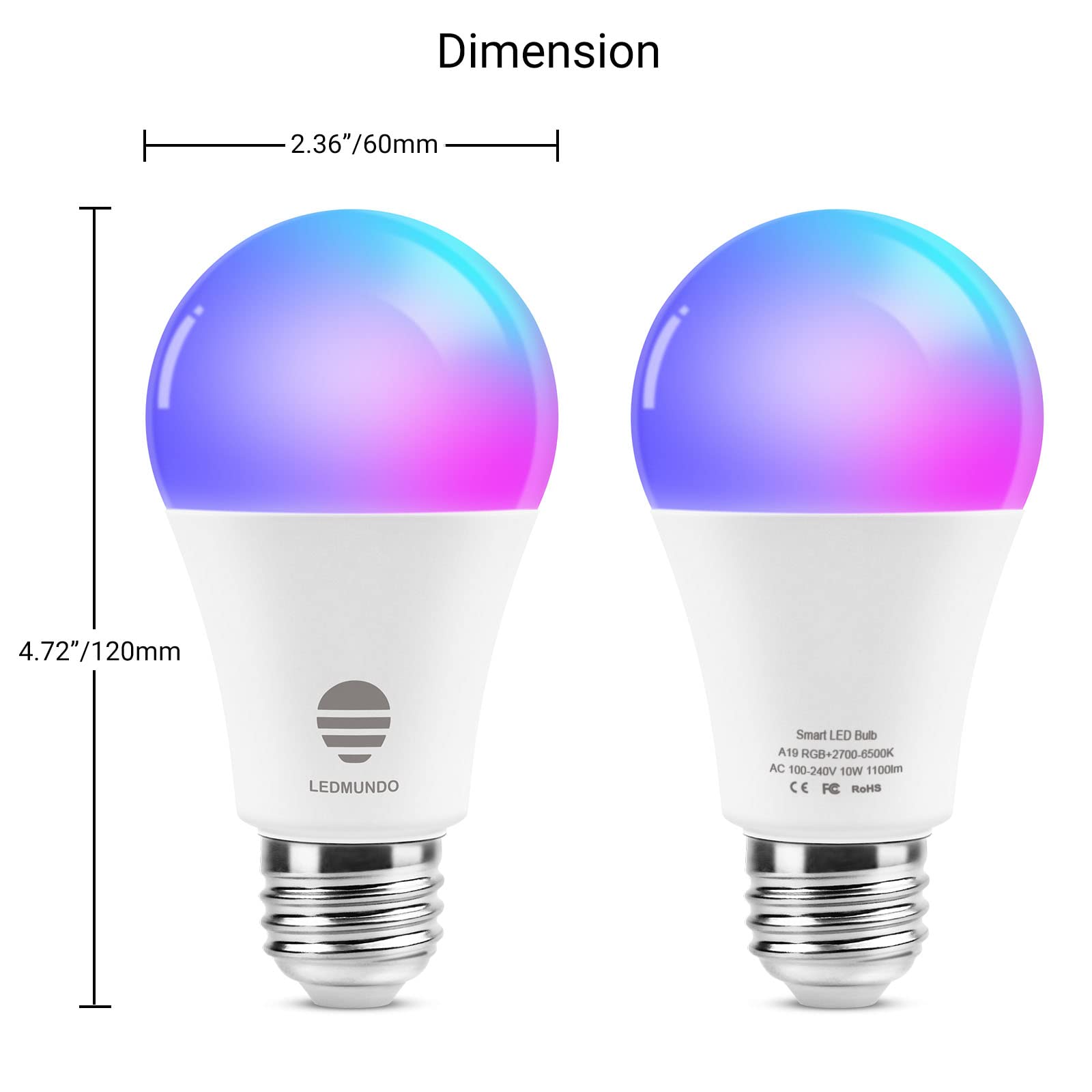 Smart LED Light Bulb, 11W (100W Equivalent), A19 E26 RGBCW LED Bulb, 1100LM, 2700K-6500K,