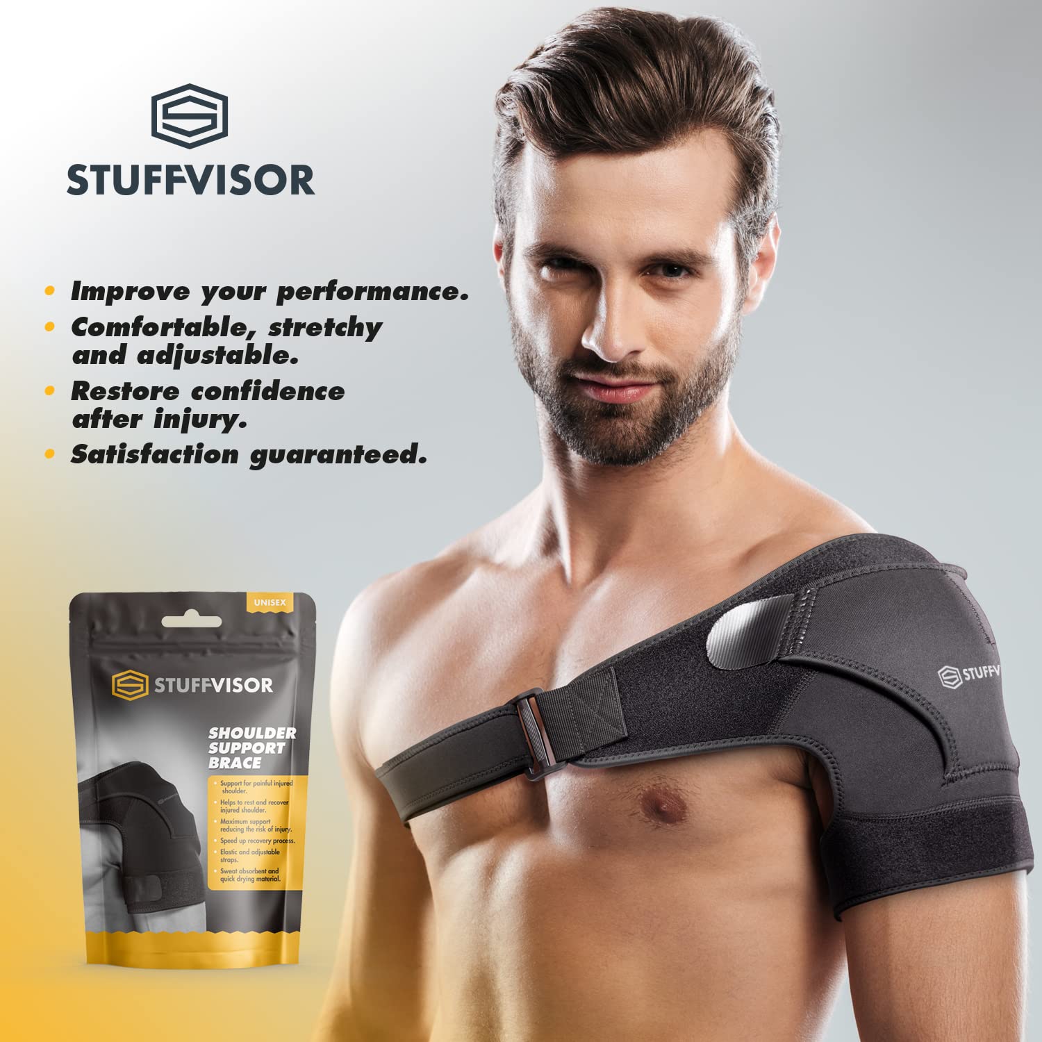 Stuffvisor Shoulder Support Brace with Pressure Strap Pad for Rotator Cuff, Tendonitis, Dislocation, Bursitis and other Shoulder Injuries, with Shoulder Sling, Compression Arm Sleeve Unisex, Onesize