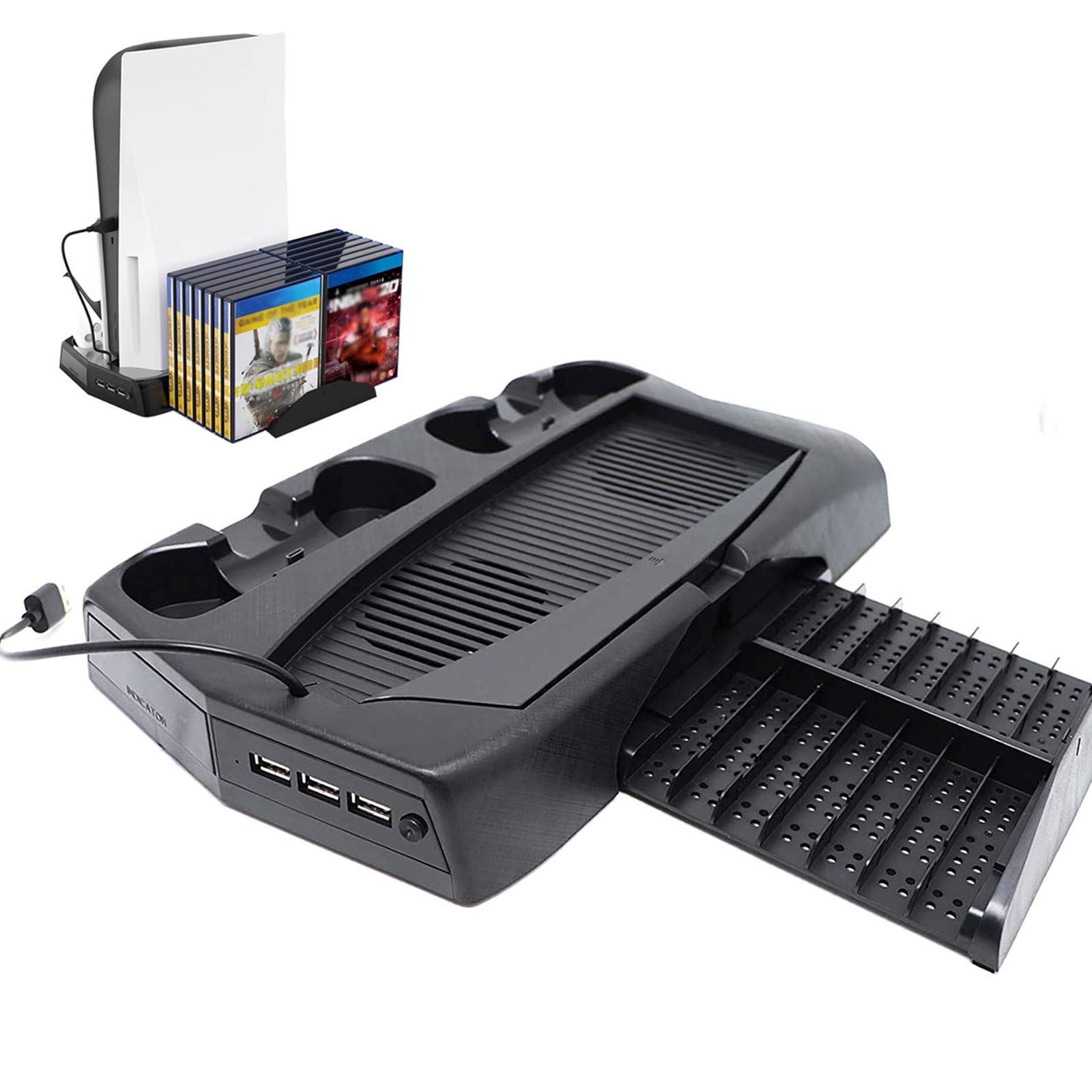 Seitop Vertical Stand for PS5, Dual Controller Charger with Cooling Fan Charging Station Game Storage for Playstation 5 with Charging LED Indicators 14 Games Slots 3 HUB USB Ports
