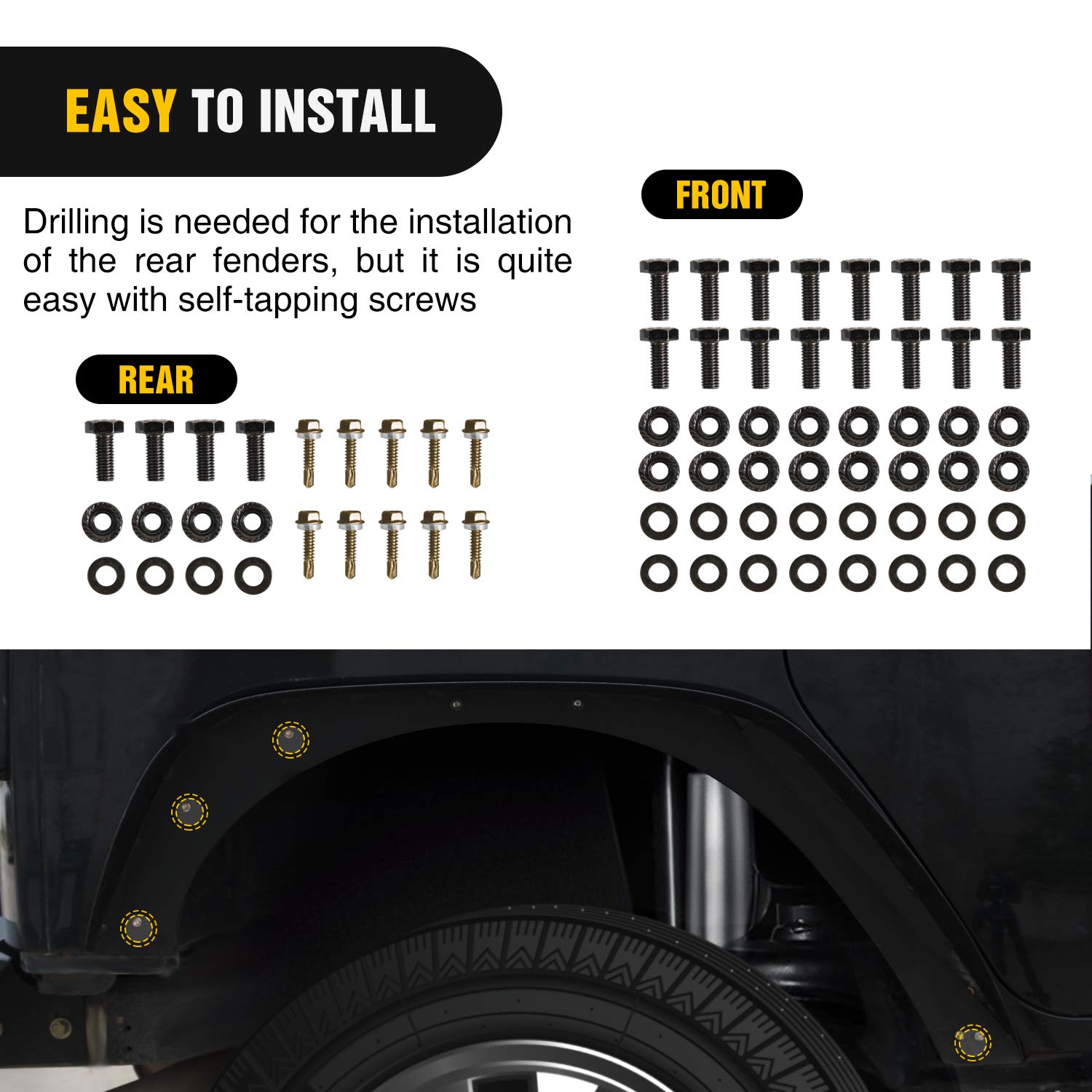 Nilight Off-Road Fender Flares Kit Compatible with 2007-2018 Wrangler JK (2/4 Doors) Heavy-Duty Solid Steel Black Textured Fenders for Unlimited JK Front & Rear Flat-4pcs,2 Years Warranty (JK-63D)