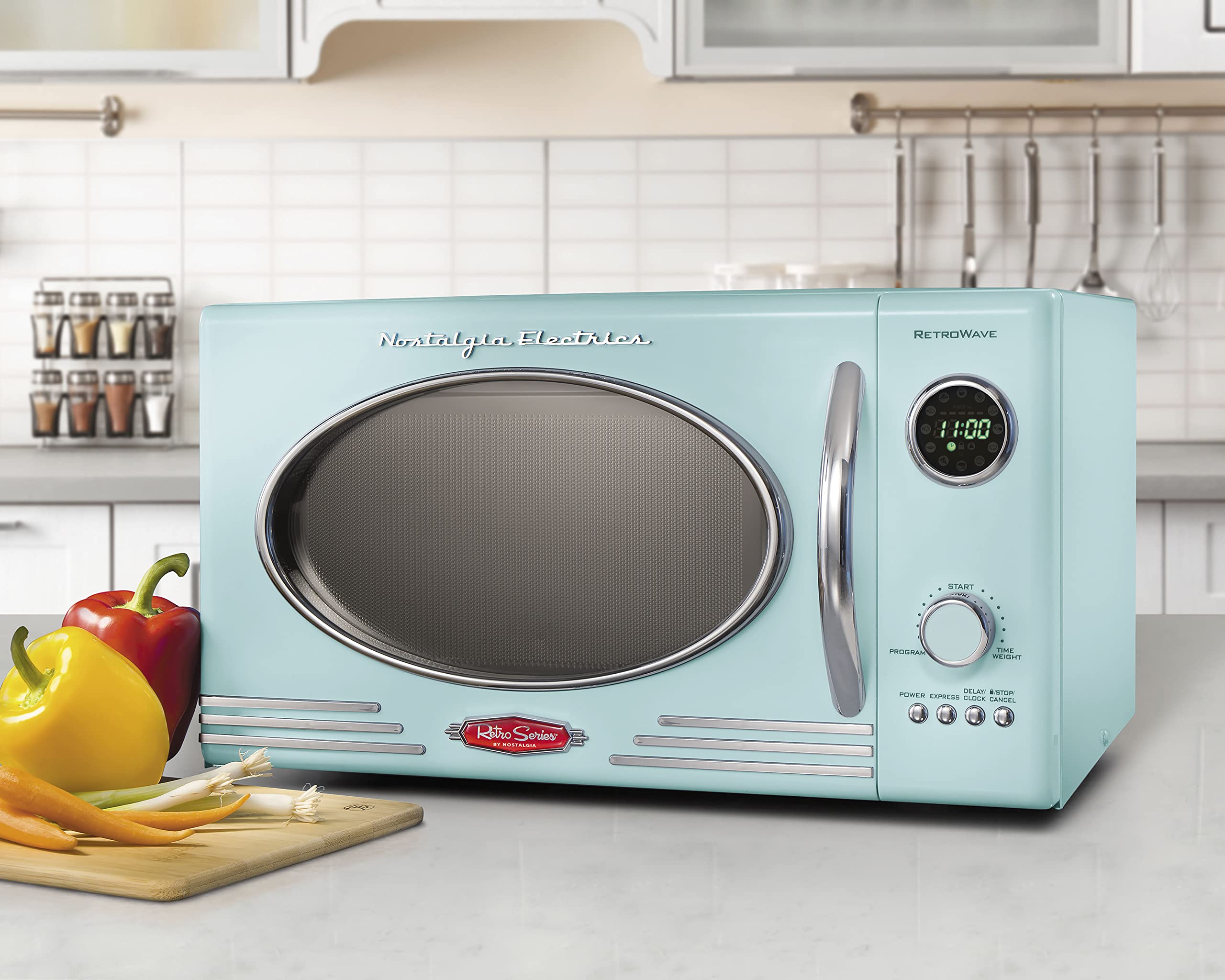 Nostalgia Retro Countertop Microwave Oven, 0.9 Cu. Ft. 800-Watts with LED Digital Display, Aqua & RTOV2AQ Large-Capacity 0.7-Cu. Ft. Capacity Multi-Functioning Retro Convection Toaster Oven