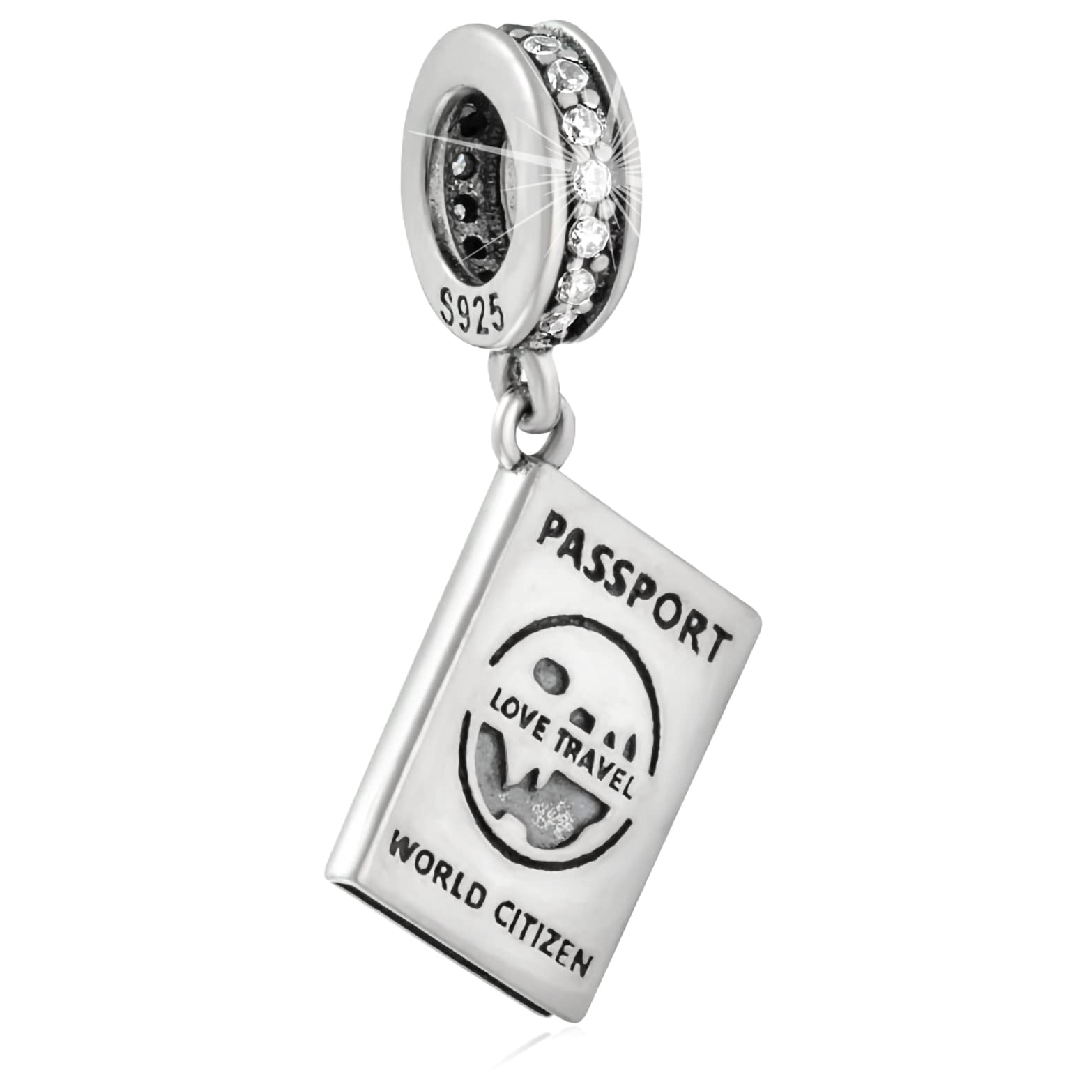 Travel Passport Charms Dangle, 925 Sterling Silver Around The World Pendant Printed 'World Citizen' CZ Beads, fit Pandora Christmas Bracelet, Gifts for Lover/Friends/Couple