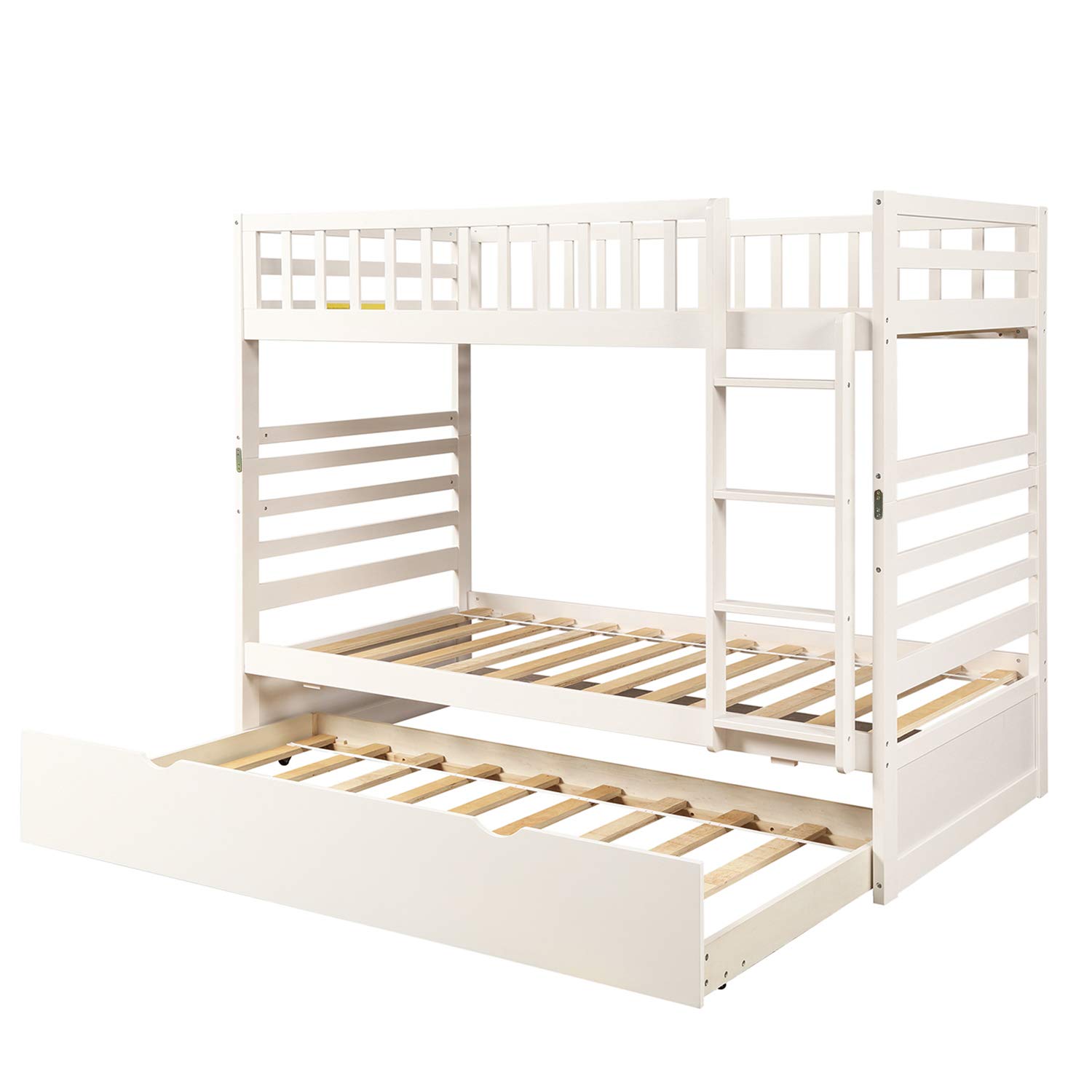 Morhome Twin Over Twin Bunk Bed with Trundle, 3 in 1 Triple Bunk Beds with Side Ladders and Safety Guard Rail for Kids Adults Teens