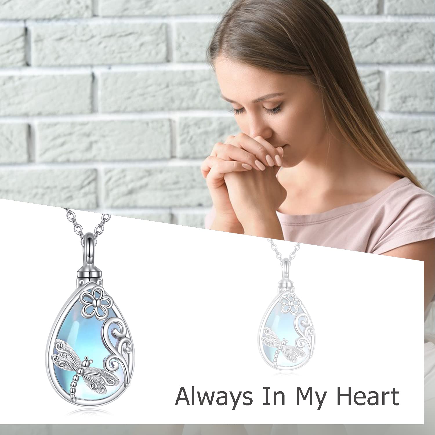 ONEFINITY Dragonfly Moonstone Urn Necklace for Ashes 925 Sterling Silver Teardrop Moonstone Dragonfly Pendant Cremation Keepsake Necklace for Women Jewelry