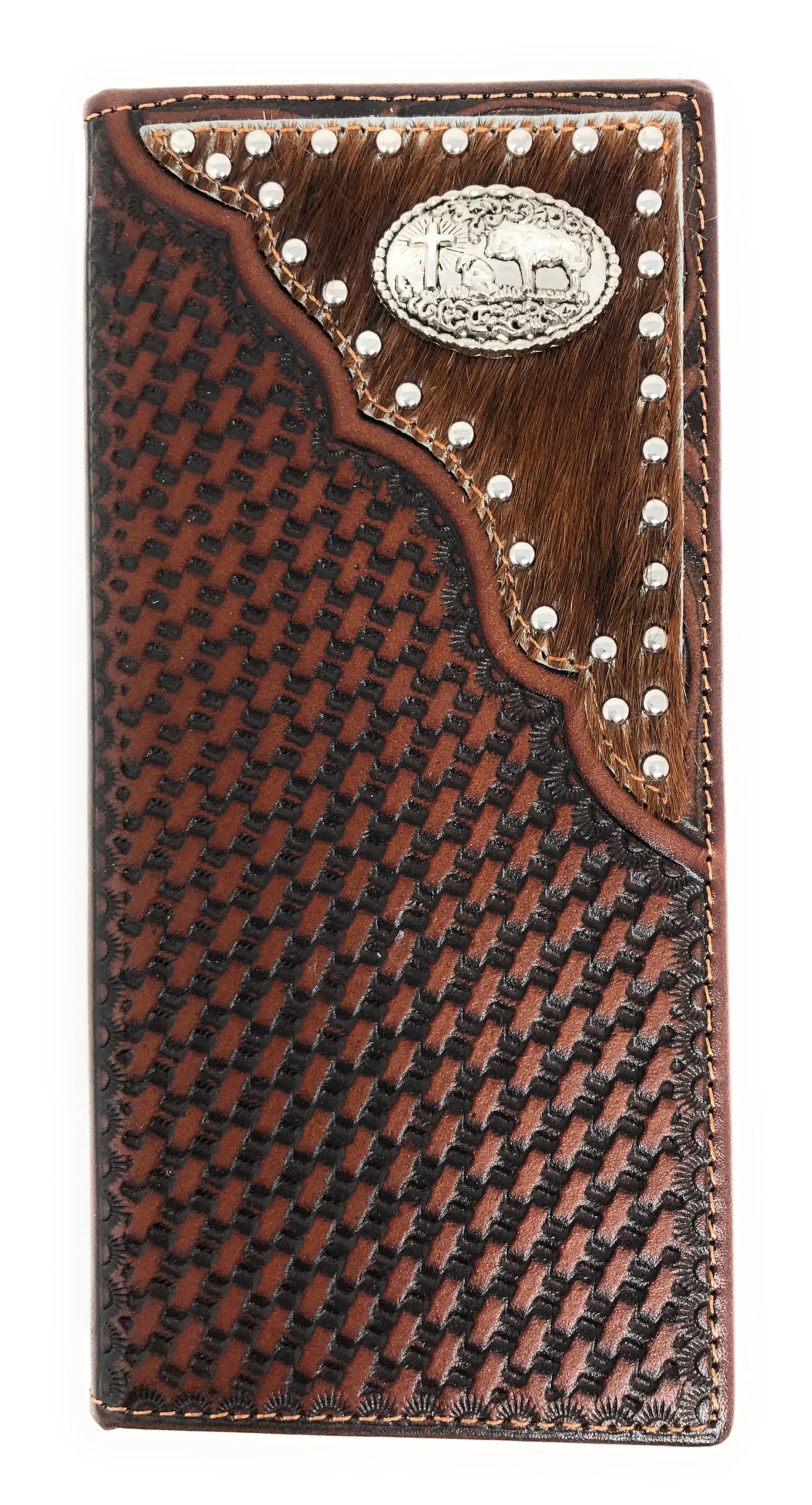 Western Tooled Genuine Leather Cowhide Cow fur Praying Cowboy Men's Long Bifold Wallet in 3 colors (Cowfur Brown)