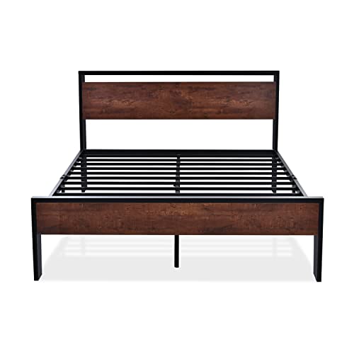 SHA CERLIN 14 Inch Full Size Metal Platform Bed Frame with Wooden Headboard and Footboard, Mattress Foundation, No Box Spring Needed, Large Under Bed Storage, Light Mahogany