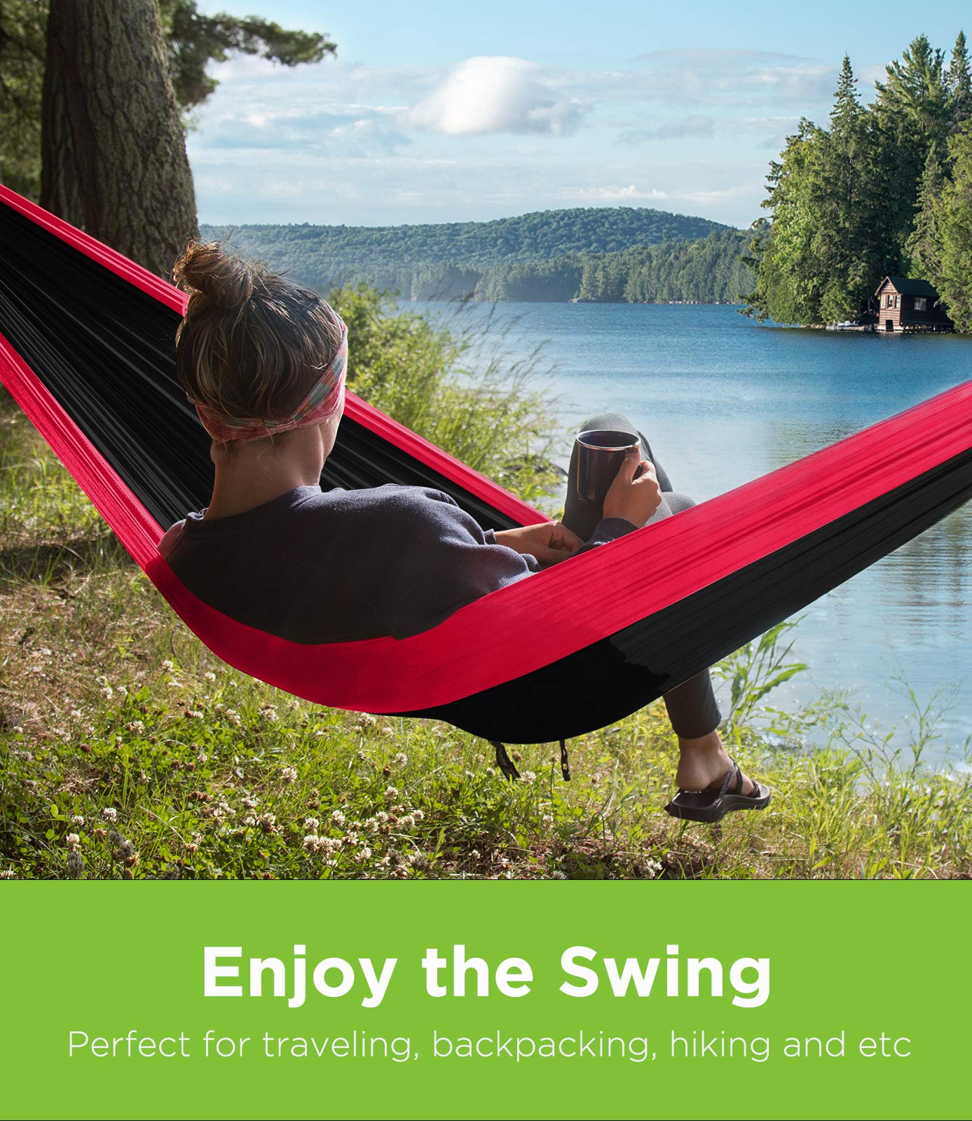 Puroma Camping Hammock with Net Double & Single Hammock with Tree Straps Portable Hammock Ultralight Nylon Parachute Hammocks for Backpacking, Travel, Beach, Camping, Hiking, Backyard