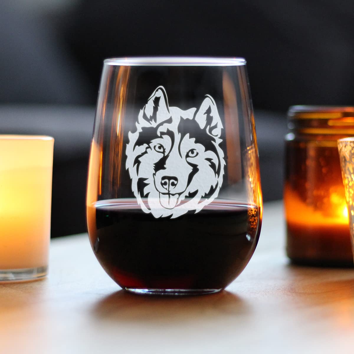 Siberian Husky Face Stemless Wine Glass - Cute Dog Themed Decor and Gifts Moms & Dads of Huskies - Large 17 Oz
