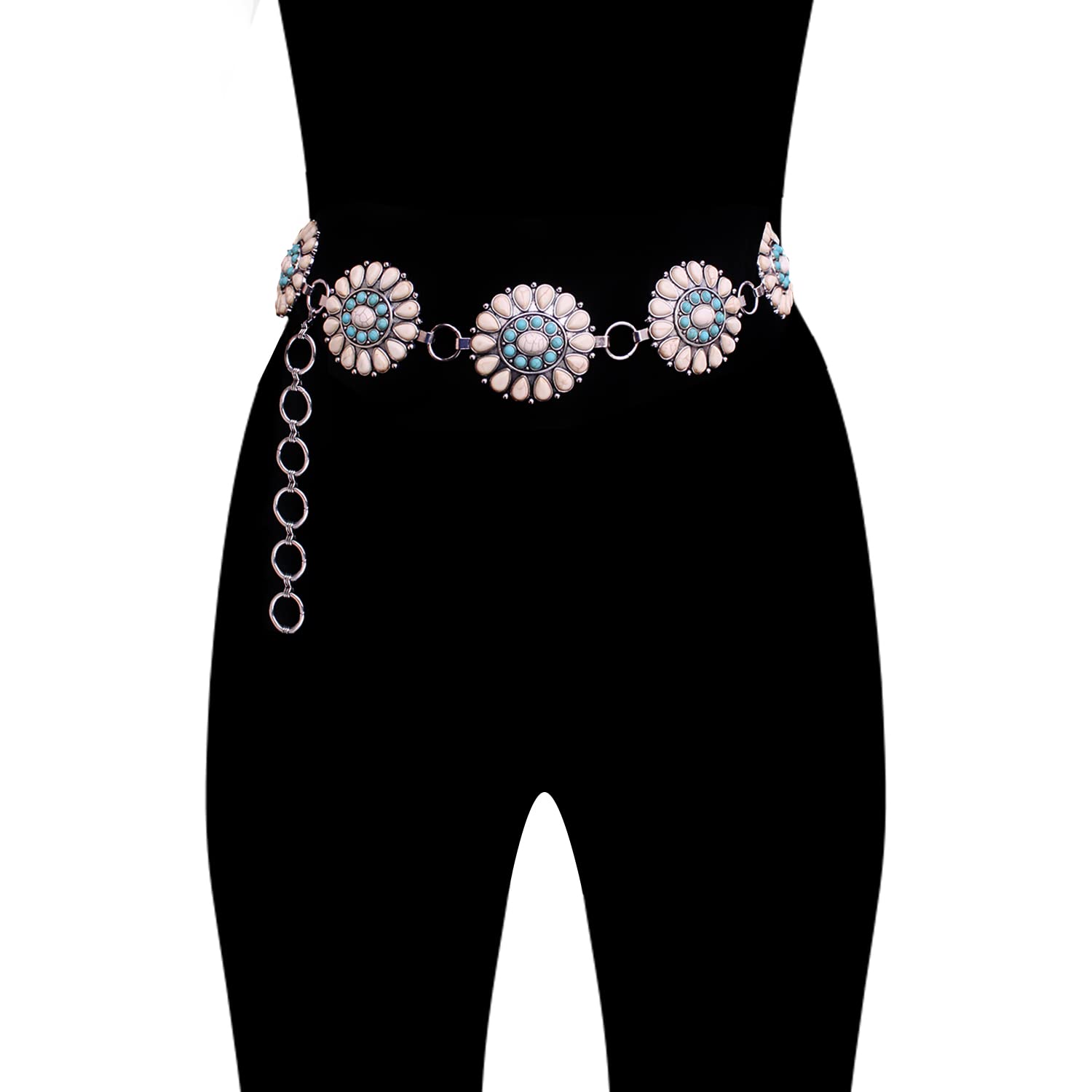 Western Turquoise Flower Concho Chain Belt No.19 (White/Turq)