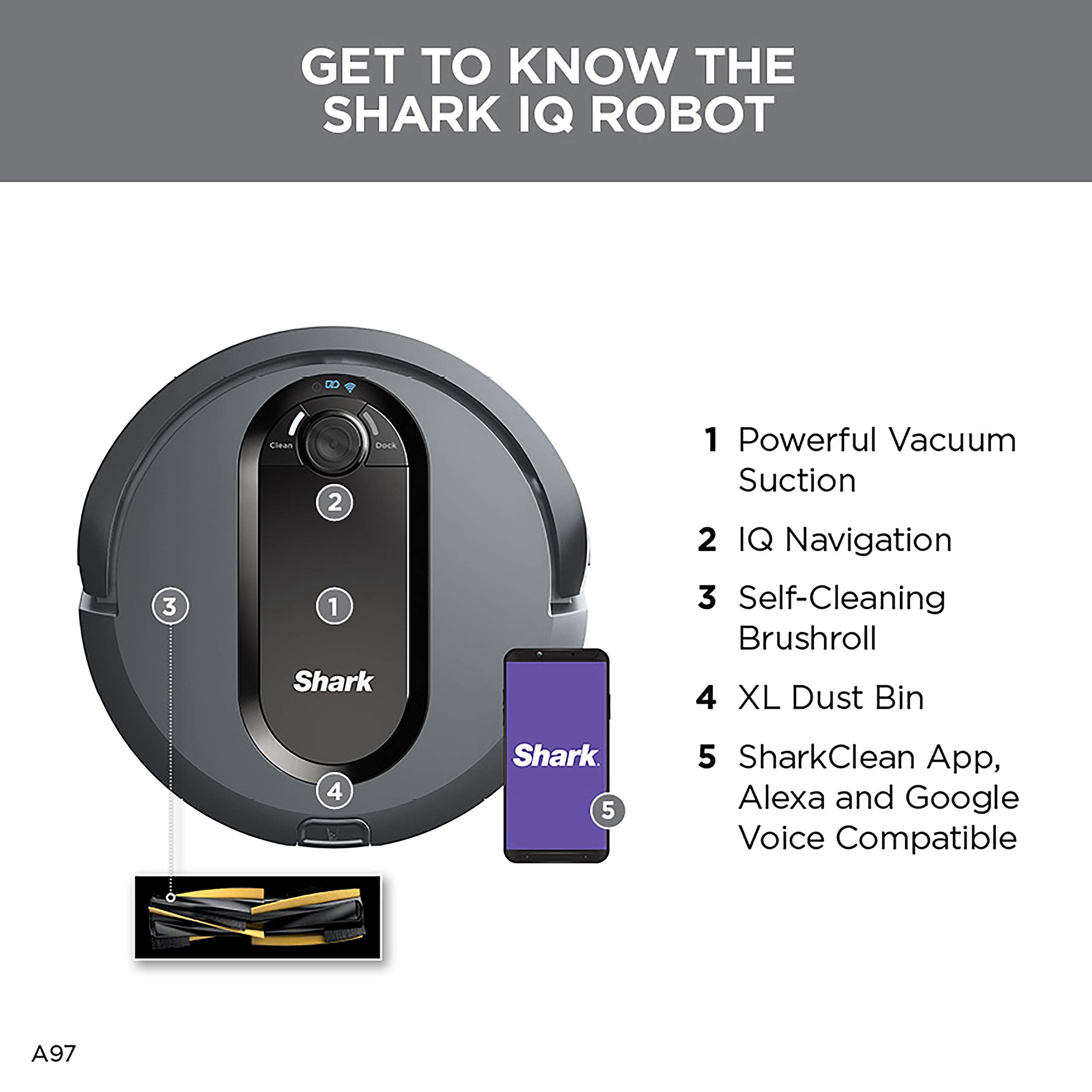 Shark IQ Robot Vacuum AV970 Self Cleaning Brushroll, Advanced Navigation, Perfect for Pet Hair, Compatible with Alexa, Wi Fi, XL dust bin, A Black Finish (Renewed)