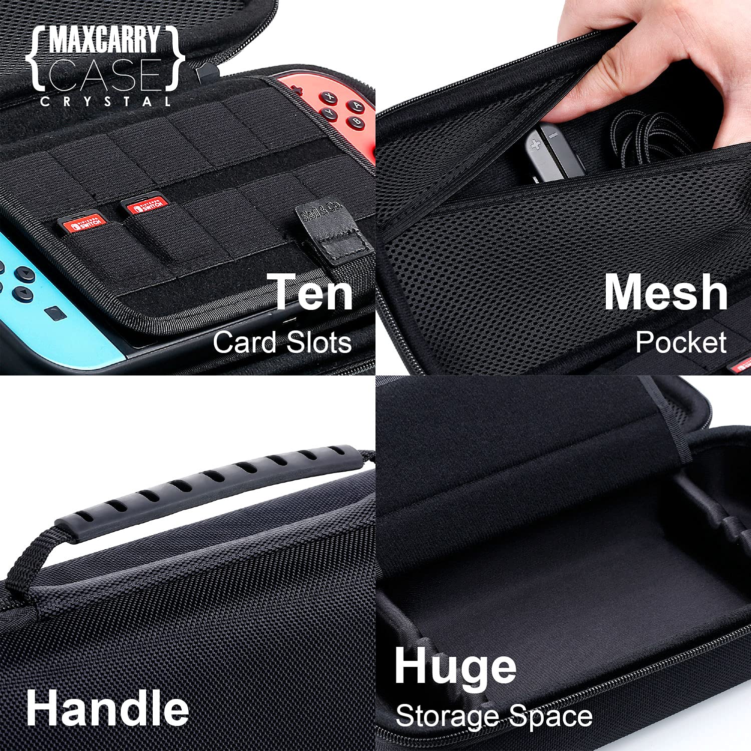 Skull & Co. GripCase Crystal Bundle: A Dockable Transparent Protective Cover Case with Replaceable Grips [to fit All Hands Sizes] for Nintendo Switch - Gray